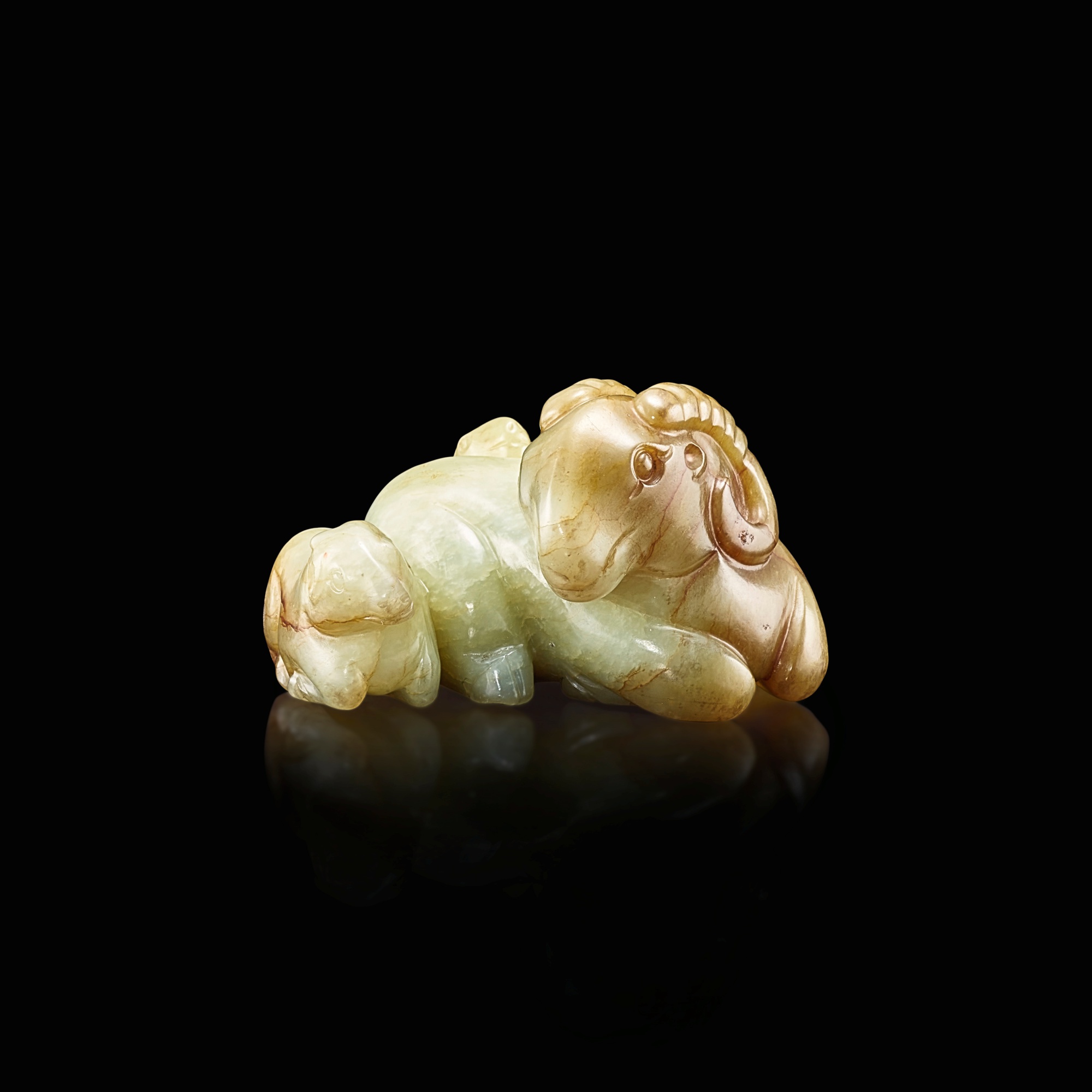 A celadon and russet jade 'three rams' group 17th century 十七世紀 青白玉三羊開泰 ...