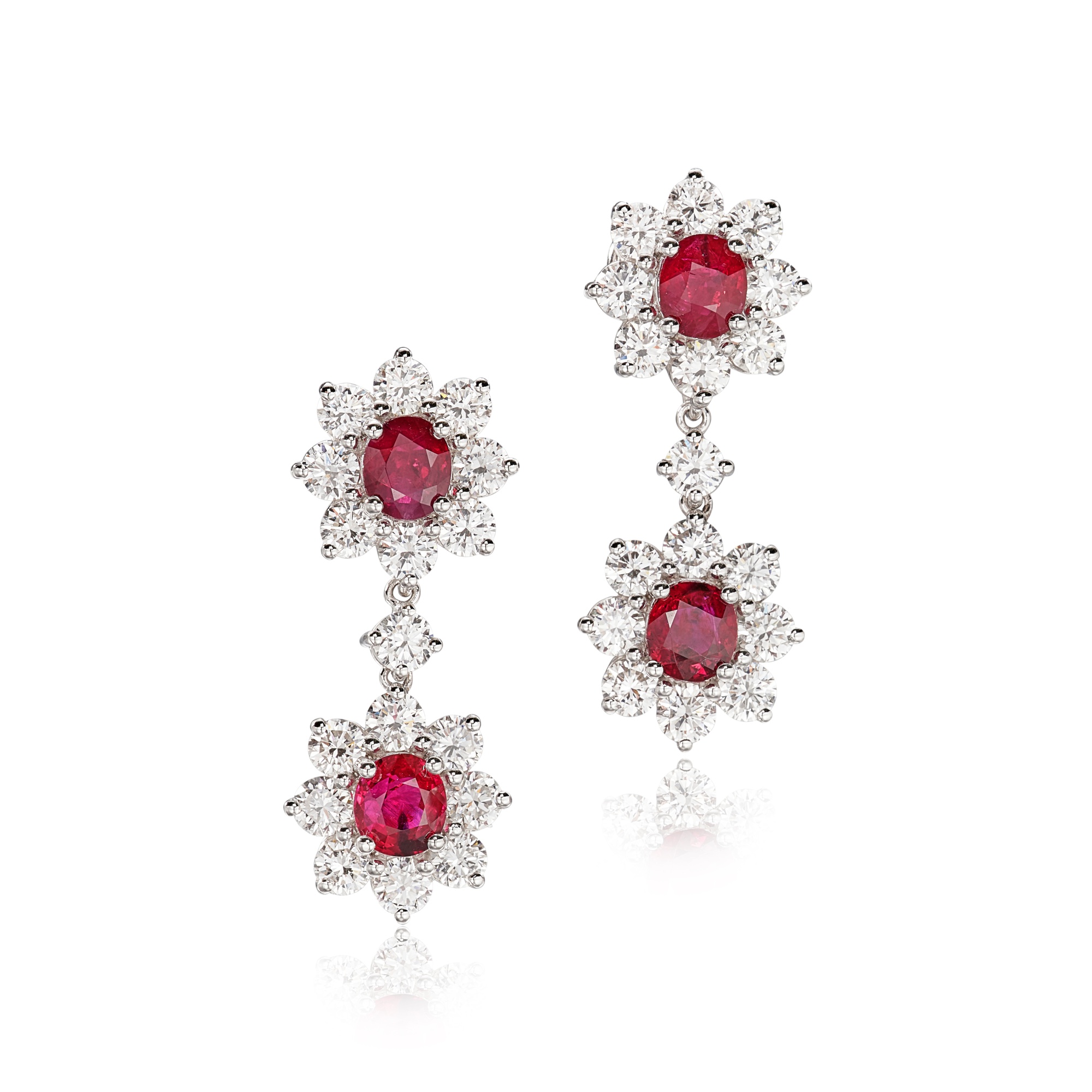 Pair of Ruby and Diamond Pendent Earrings | 天然「緬甸」未經加熱紅寶石 配 鑽石 耳墜一對 ...
