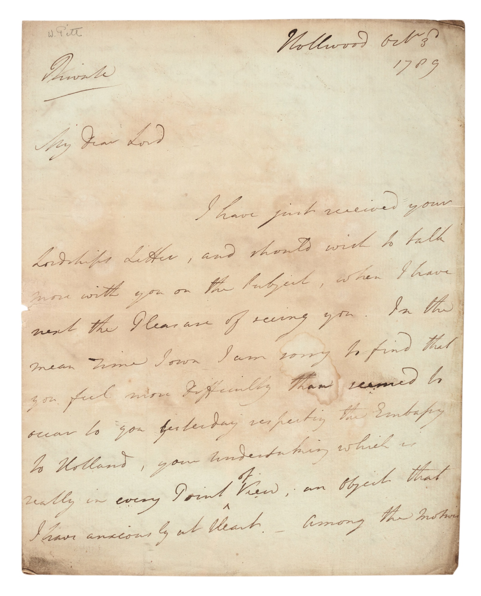 William Pitt, the Younger | Series of 12 autograph letters signed, to ...