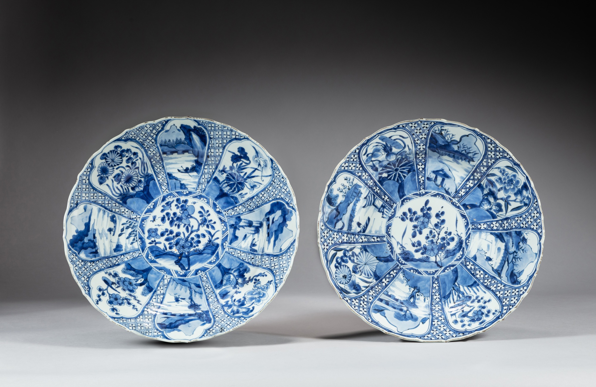 Two blue and white 'Kraak' 'floral' dishes, Qing dynasty, Kangxi period ...