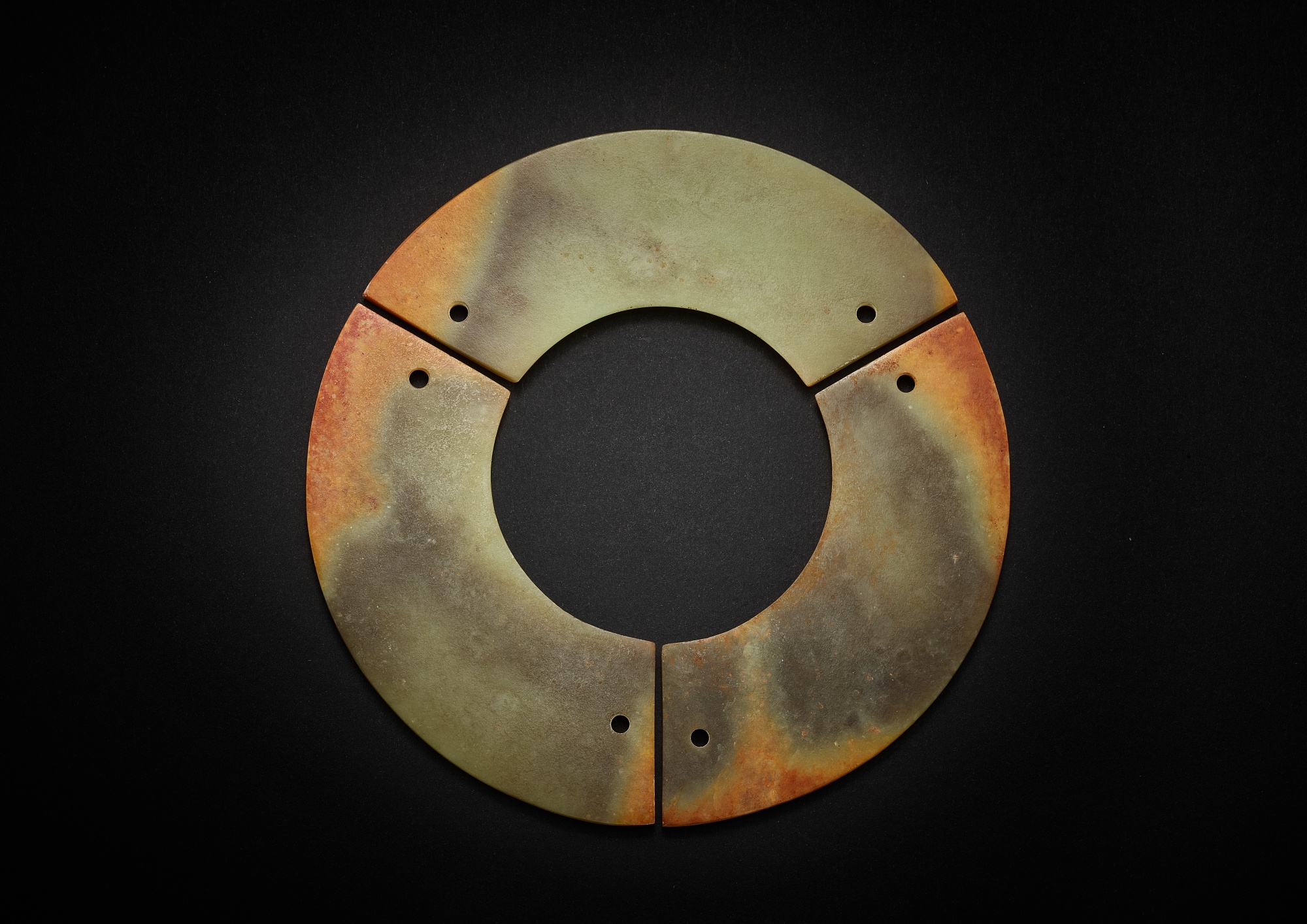 A set of three arc-shaped celadon jade pendants, huang, Neolithic ...