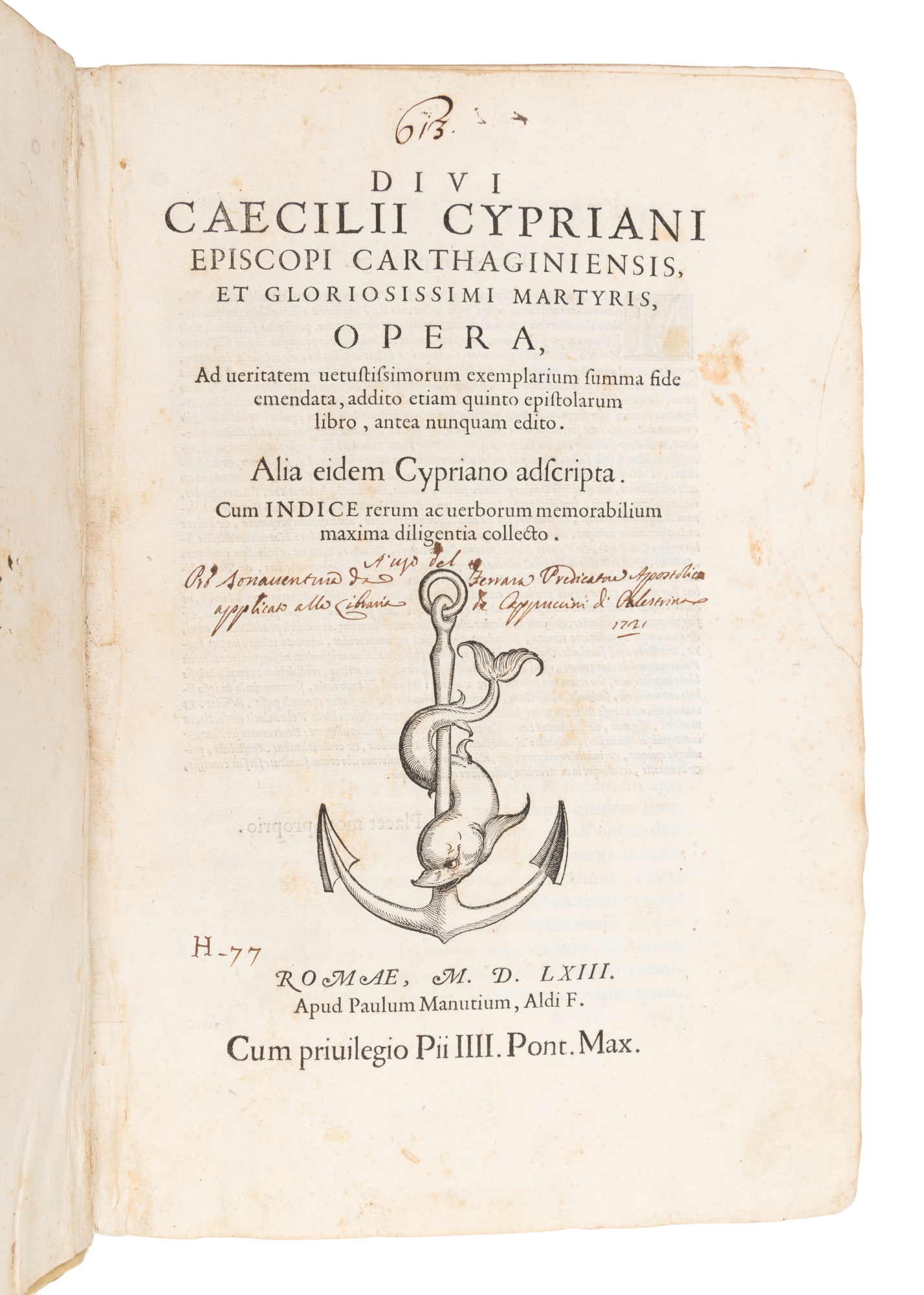 Cyprianus, Opera, Rome, Paolo Manuzio, 1563, later vellum | Bibliotheca ...