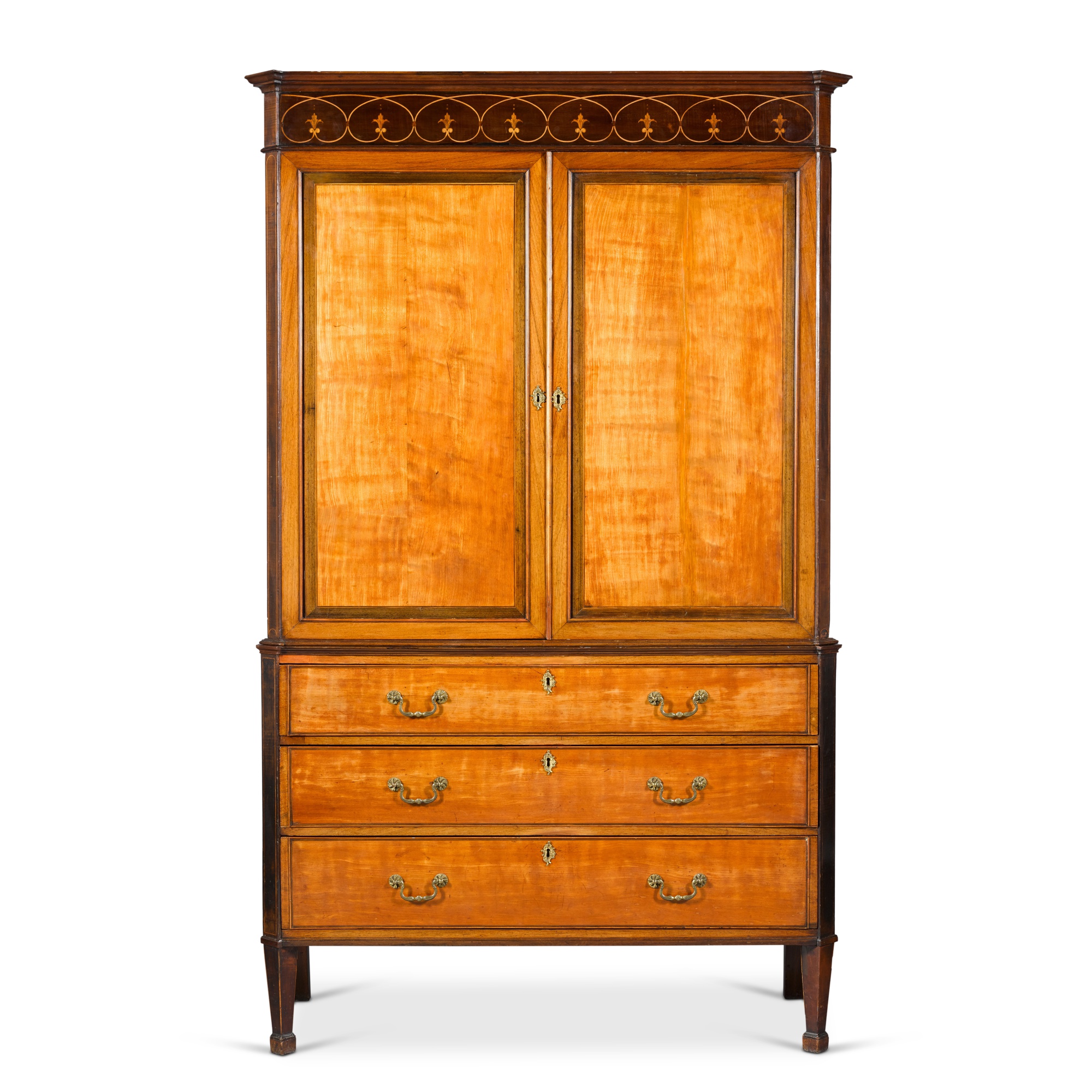 A late George III satinwood, mahogany, rosewood and marquetry linen ...