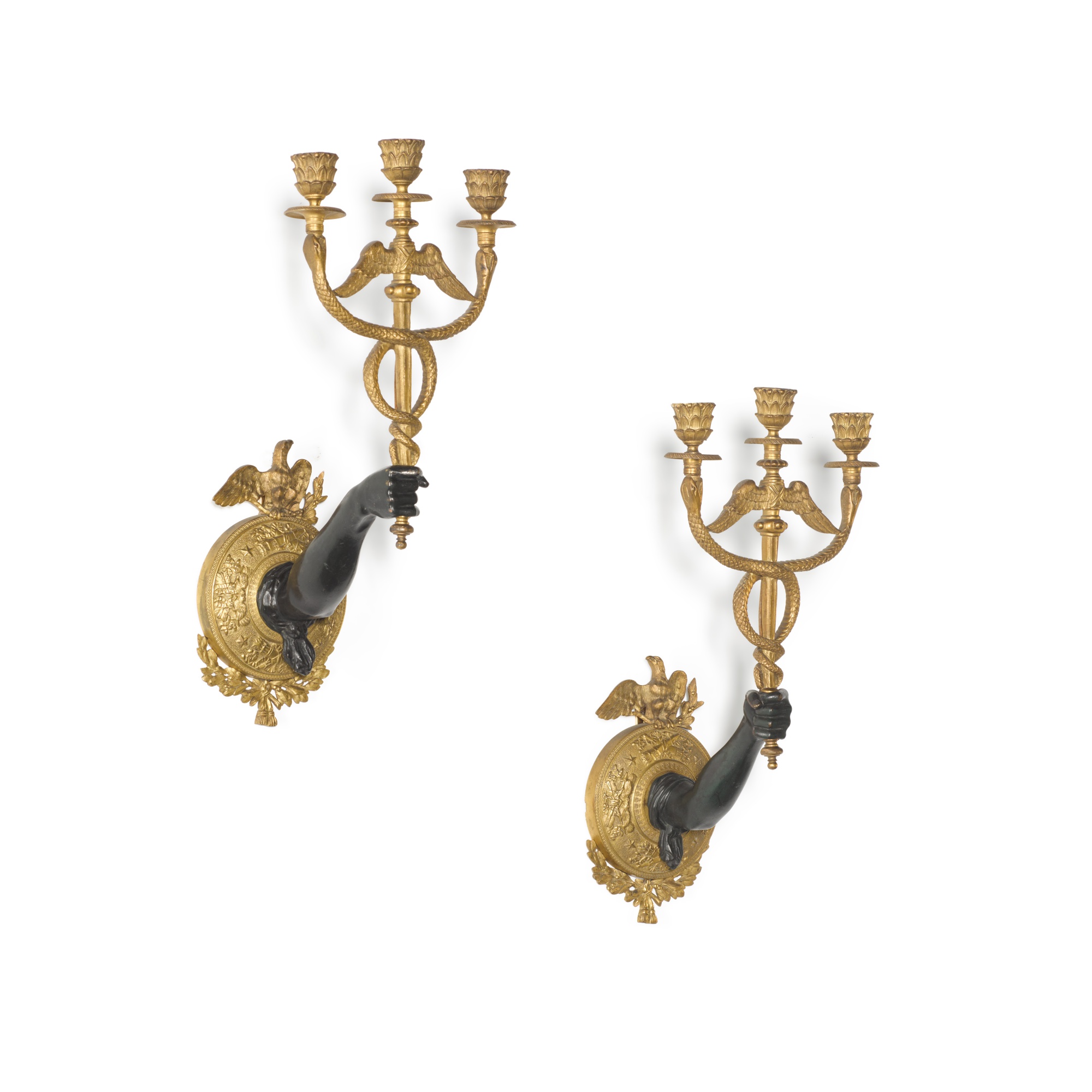 A pair of French gilt and patinated bronze neoclassical style three ...