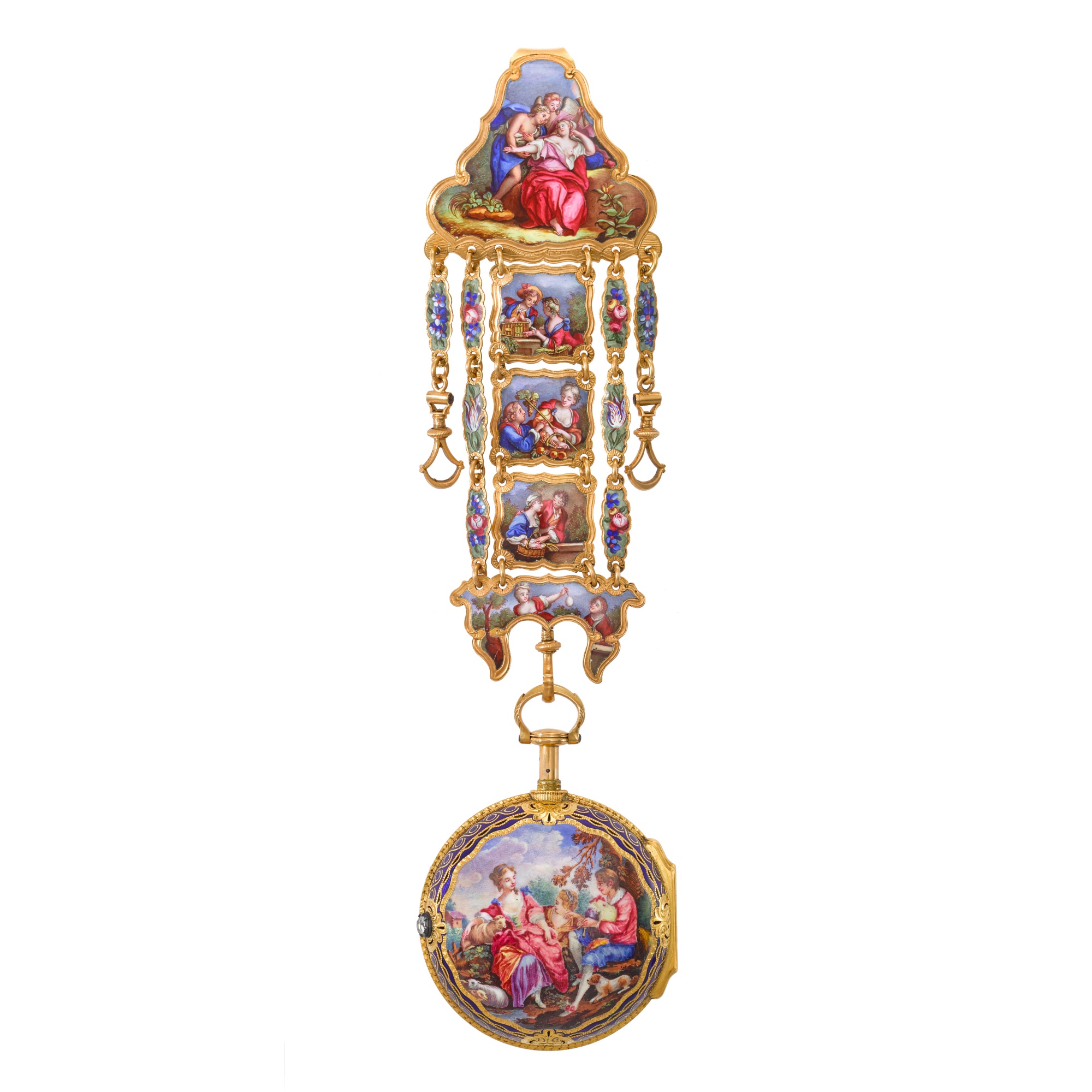 A gold and polychrome enamel painted pair cased quarter repeating verge ...