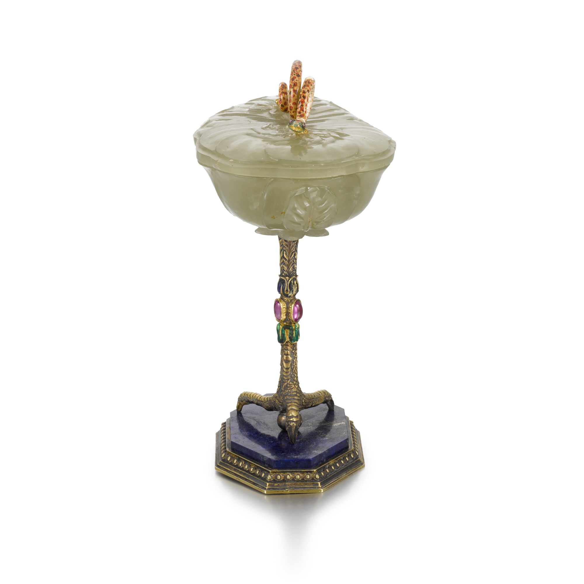 A carved jade bowl with jewelled and enamelled silver-gilt mounts, 19th ...