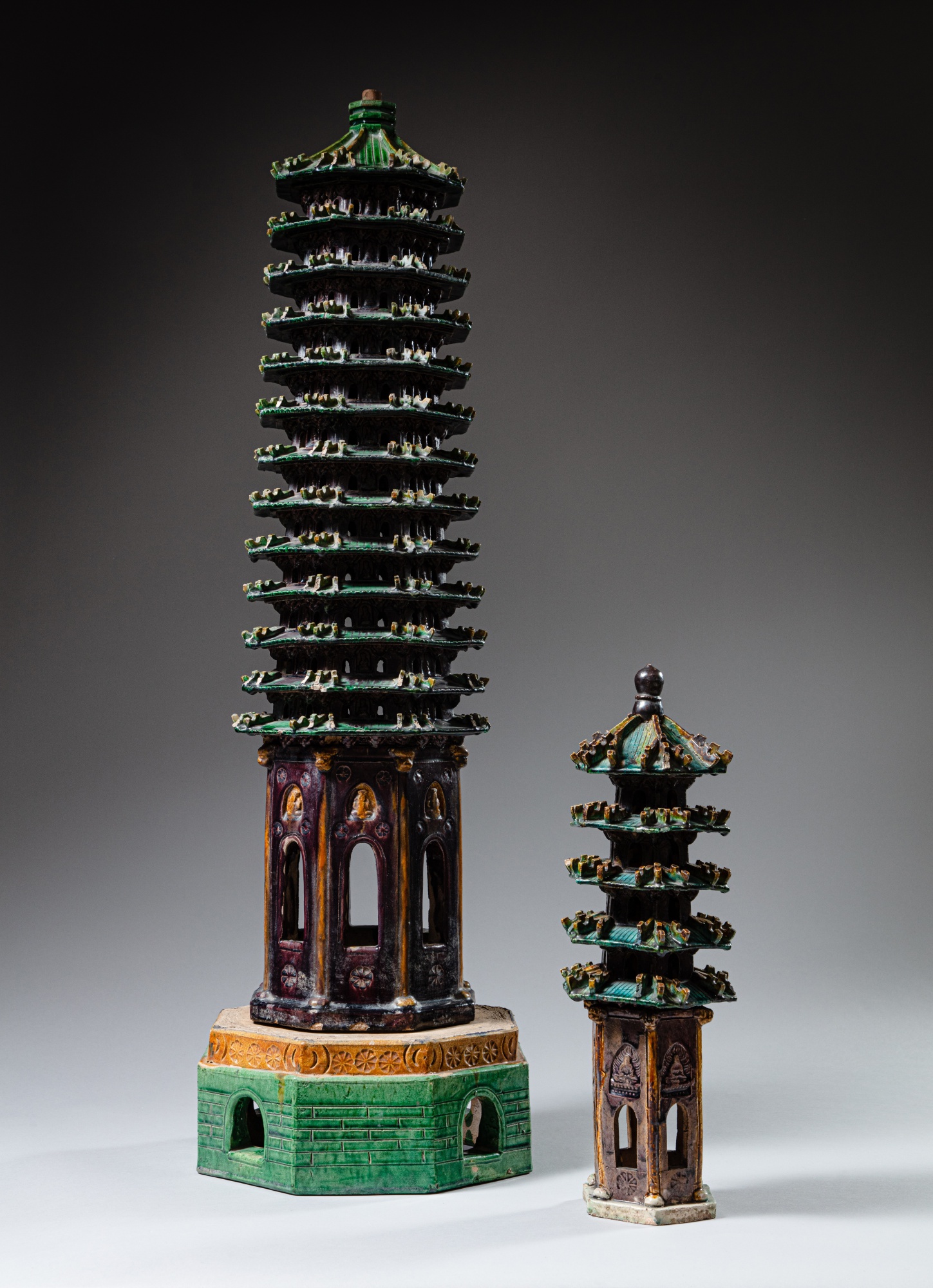 Two large sancai-glazed storeyed pagodas, Early Qing dynasty | 清初 ...
