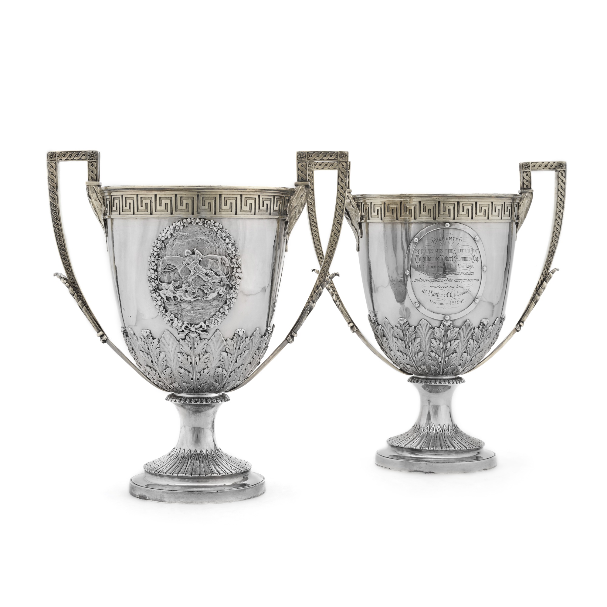 A large pair of Victorian parcel-gilt silver fox hunting presentation cups, Charles Frederick ...
