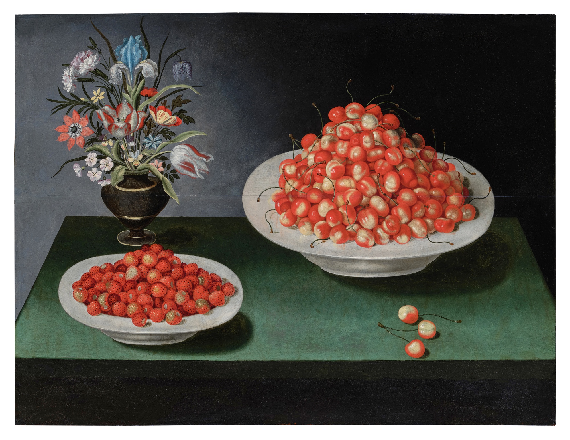 Still life with a vase of flowers and bowls of cherries and ...