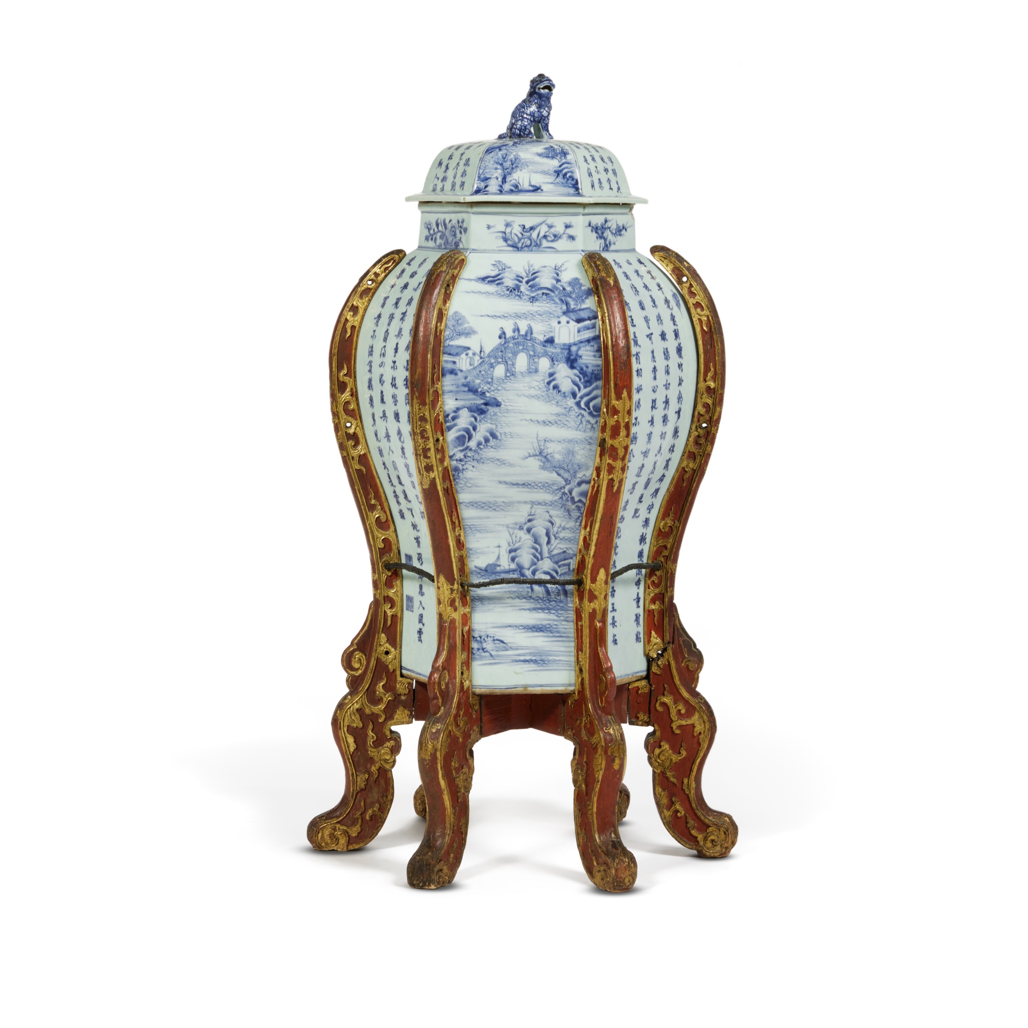 A large inscribed blue and white 'landscape' hexagonal baluster jar and ...