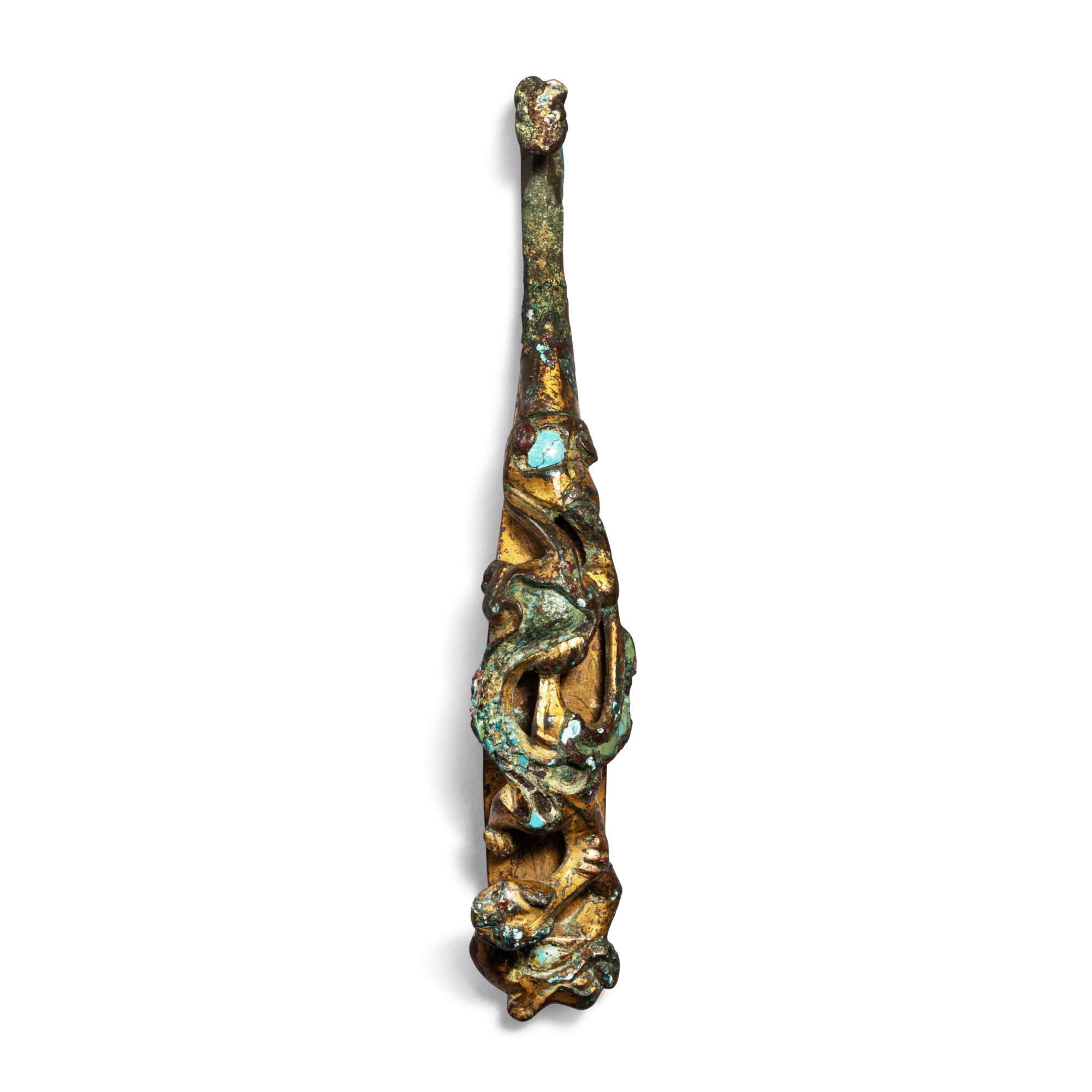 A turquoise-inlaid gilt-bronze 'chilong' belt hook, Han dynasty | 漢 ...