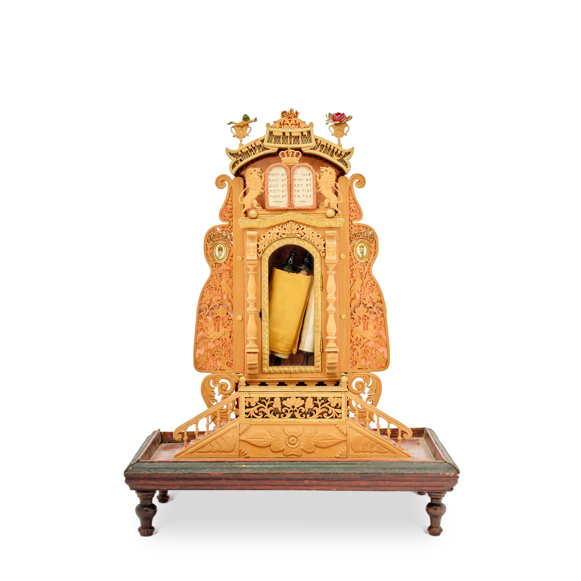 An English Carved Wooden Miniature Torah Ark with Two Miniature Paper ...