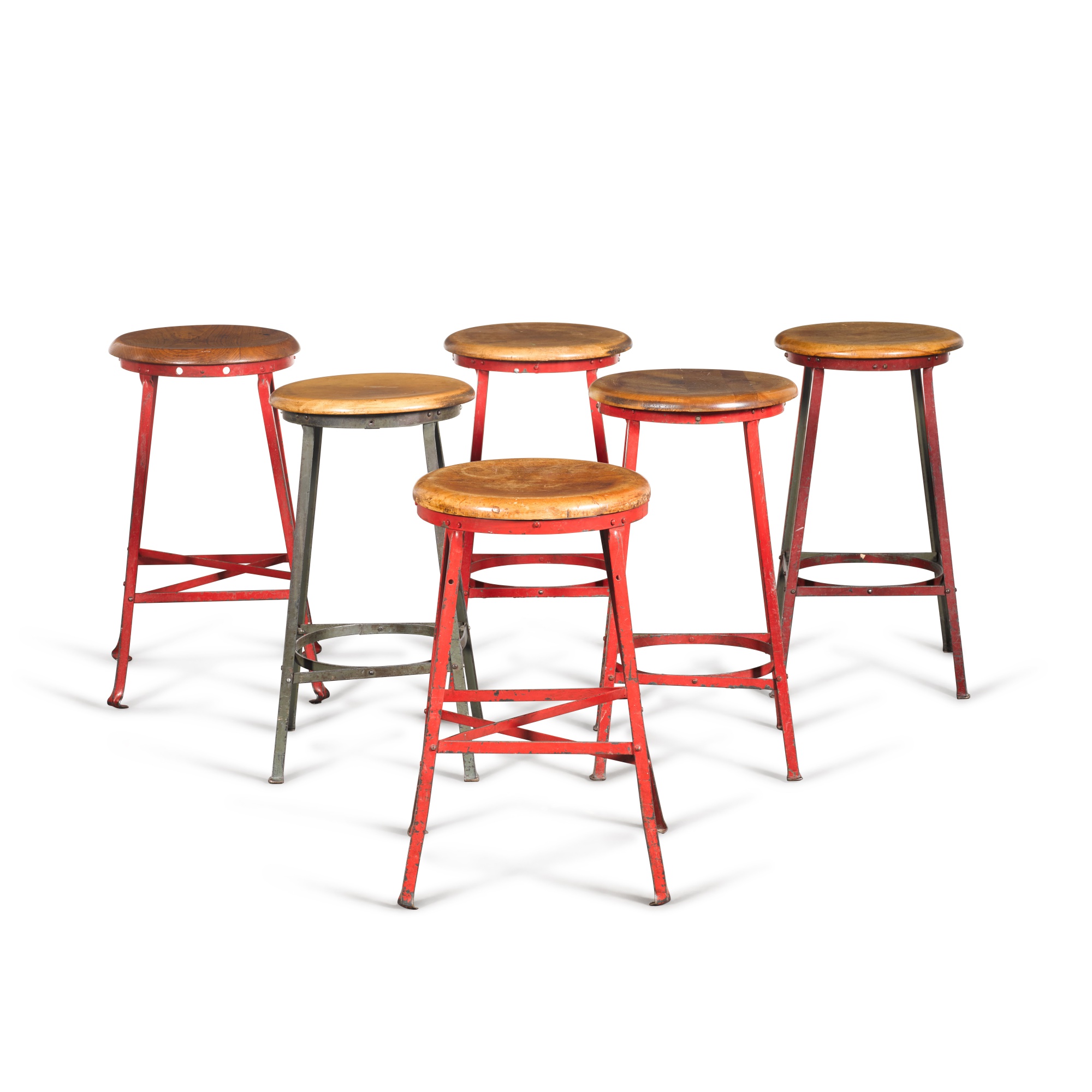 A matched set of six American hardwood and painted steel stools by the ...