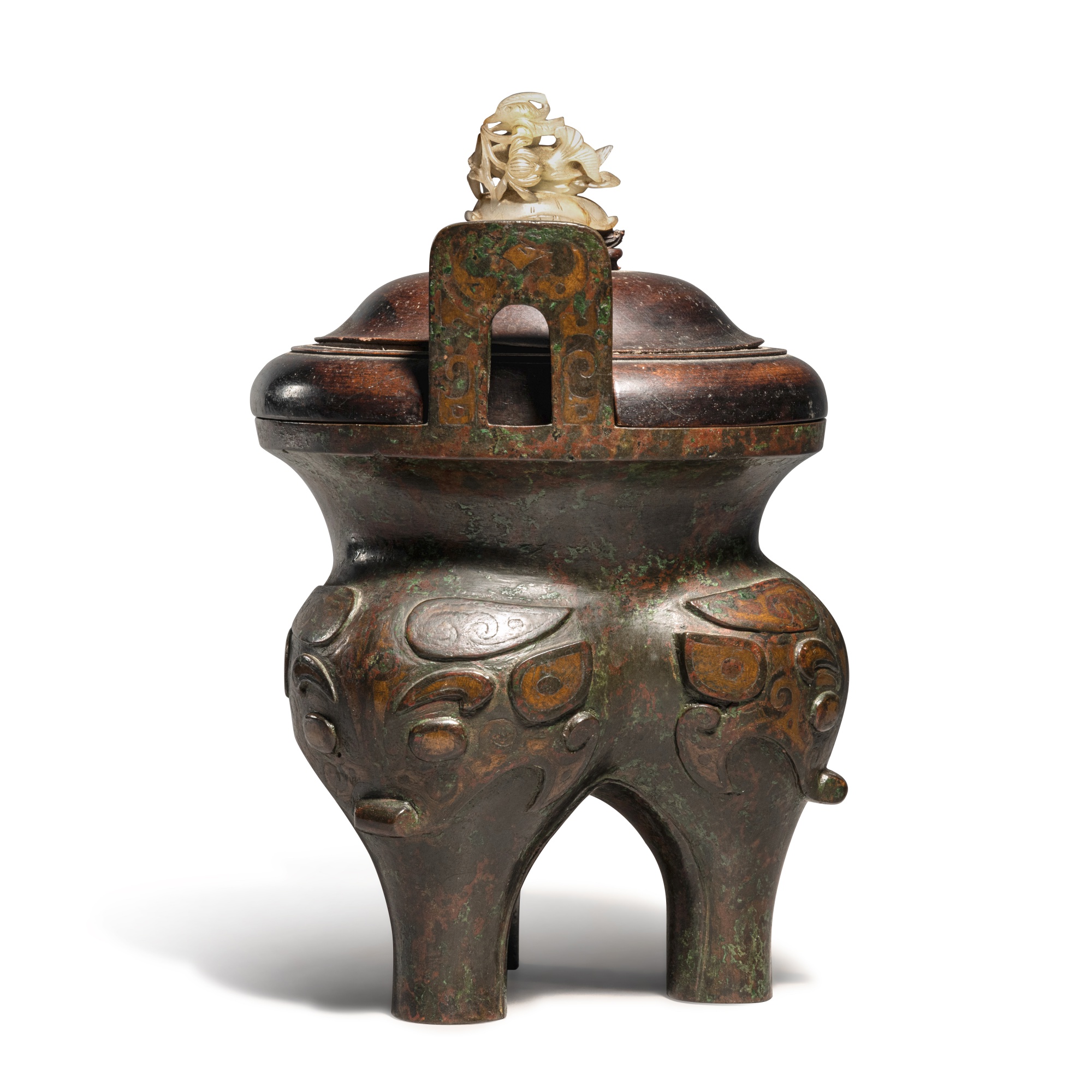An archaistic copper-inlaid bronze tripod censer (Ding), Ming dynasty ...