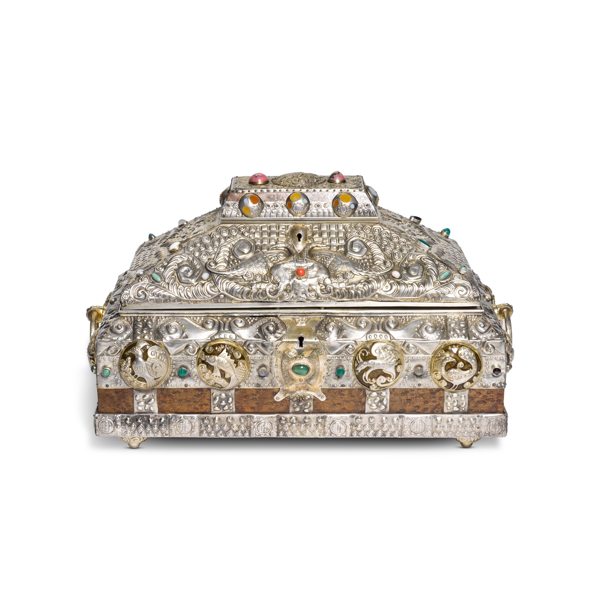 An impressive and large gem-set silver-mounted and enamel bird's-eye ...