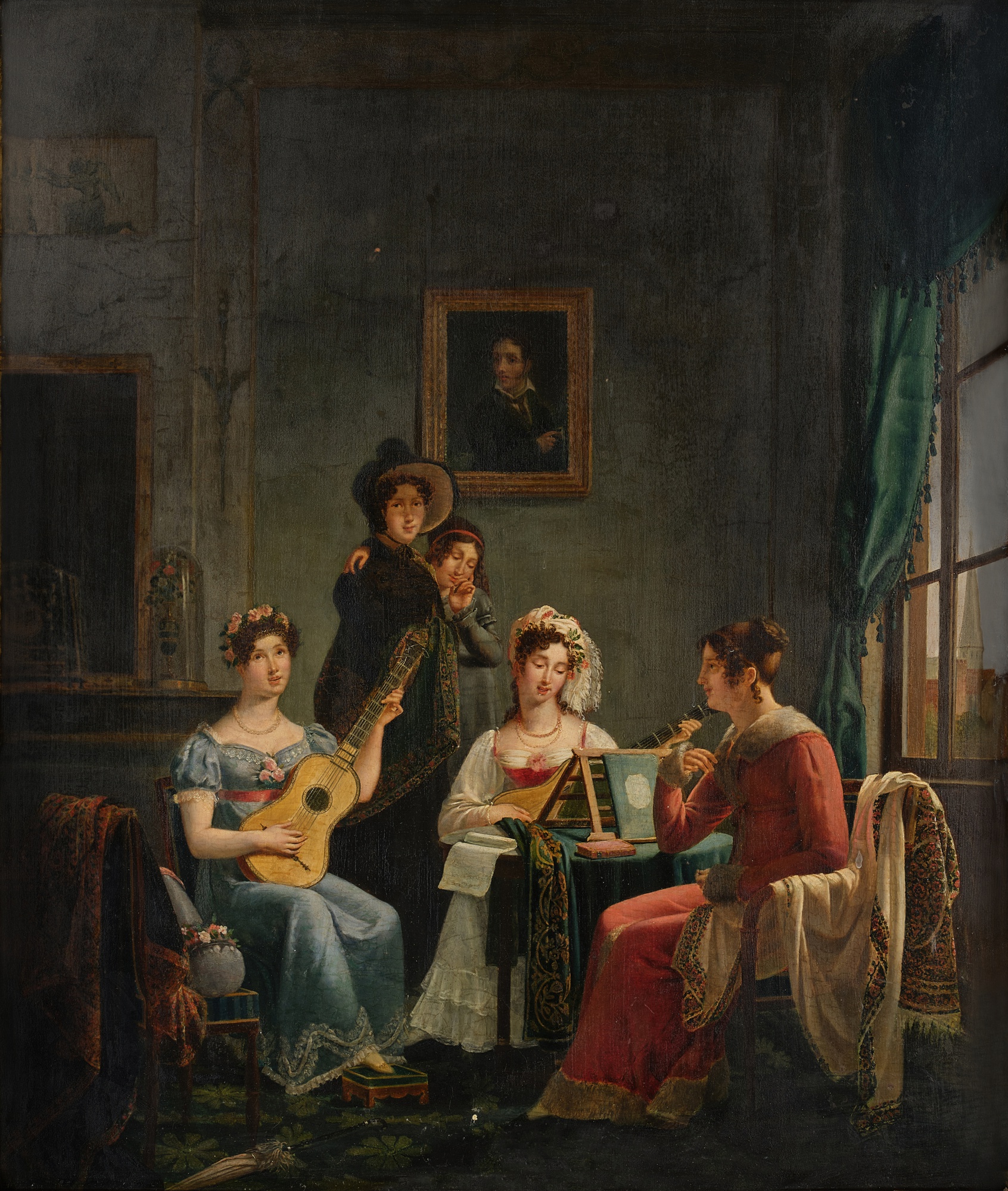 Group of five women, two playing music, in an elegant domestic interior ...