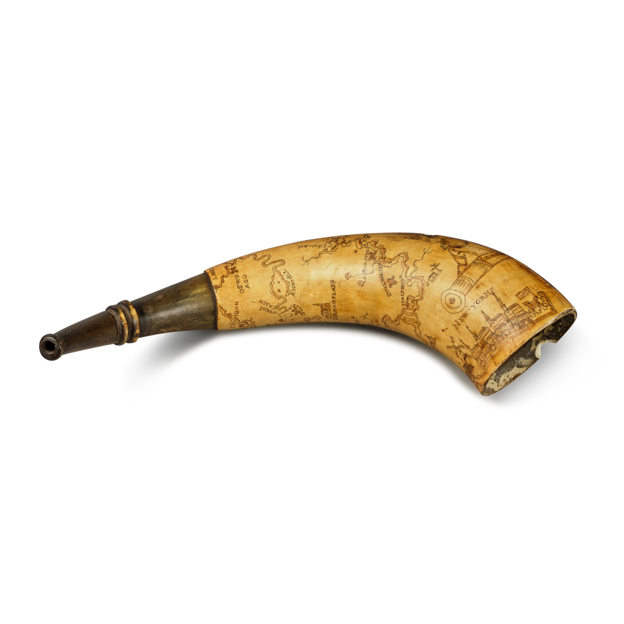 Very Fine and Rare French and Indian War Engraved Map Powder Horn, New ...