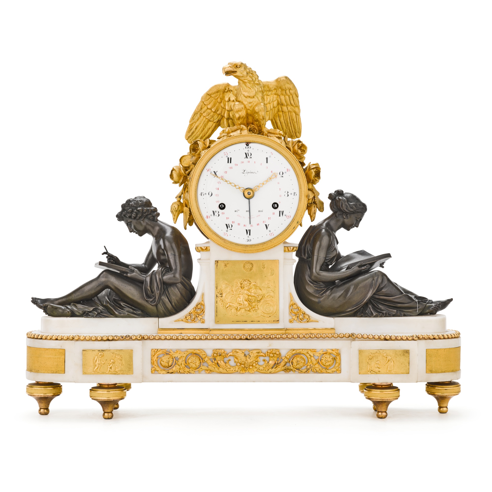 A Louis XVI patinated and gilt-bronze and white marble mantel clock ...