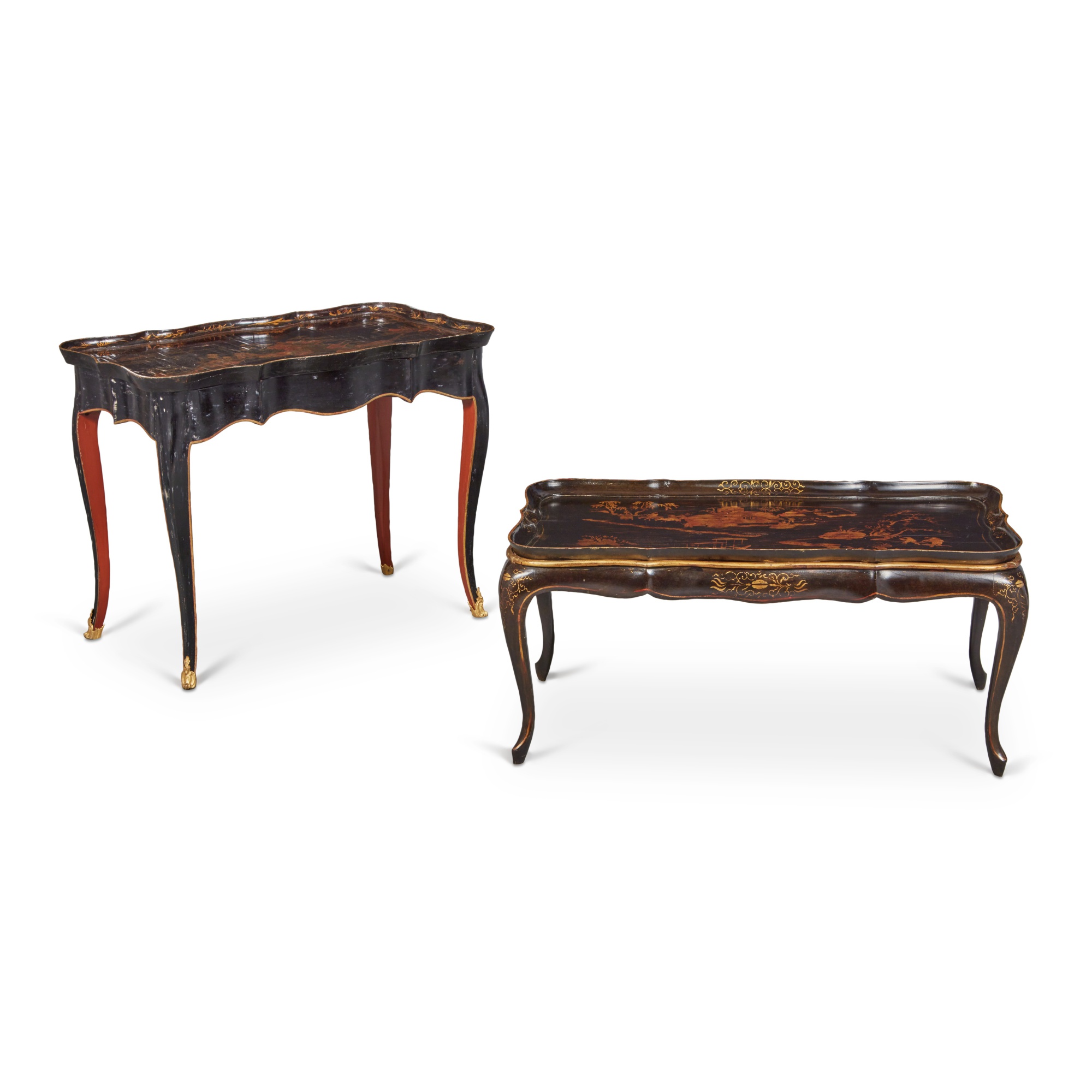 Two Chinese Export Black and Gold Lacquer Trays, Now Mounted as Tables ...