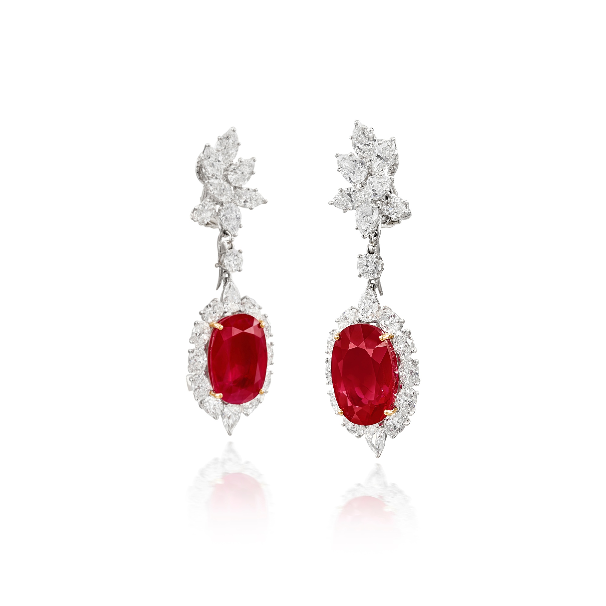 An Impressive Pair of Ruby and Diamond Pendent Earrings, Tops by Harry ...