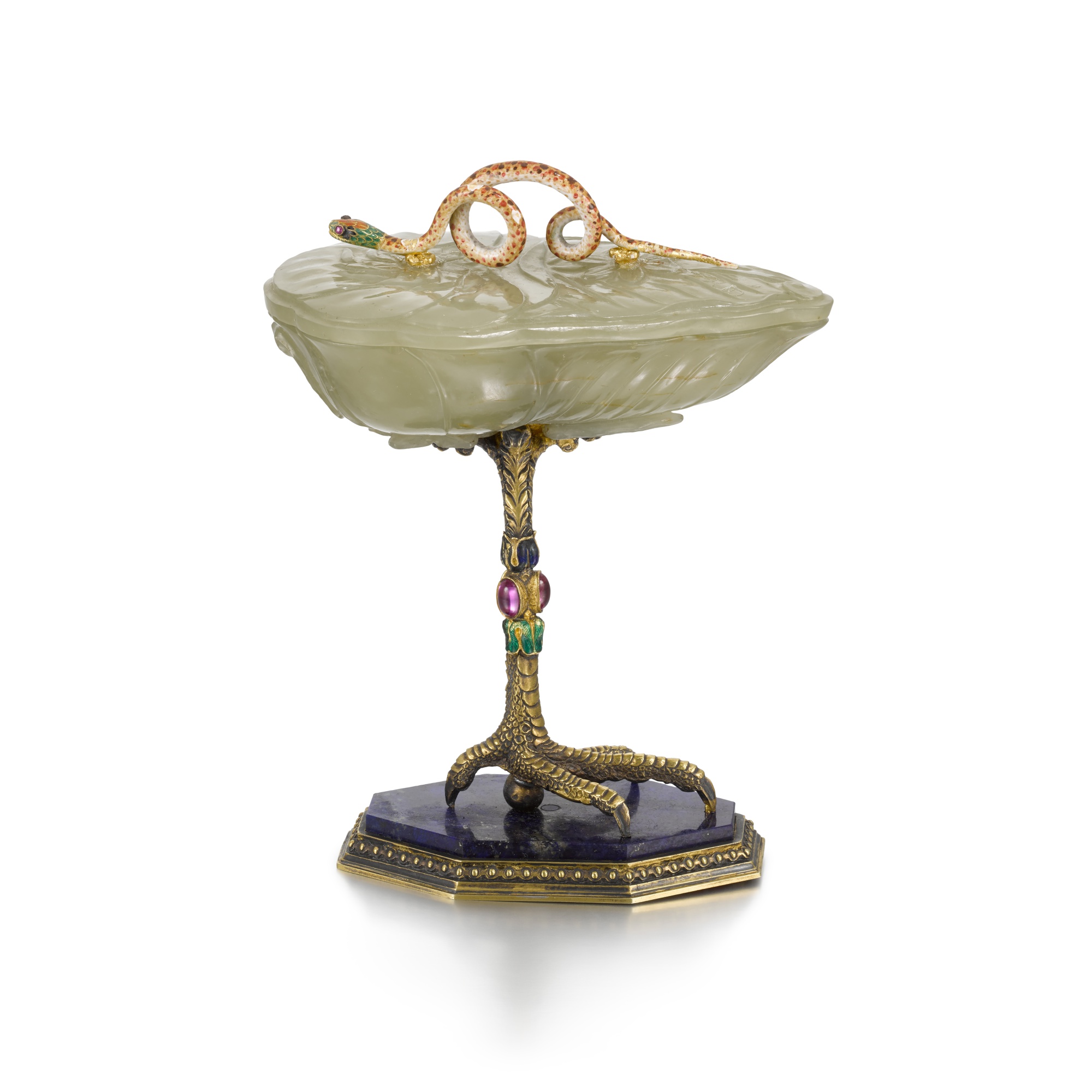 A carved jade bowl with jewelled and enamelled silver-gilt mounts, 19th ...