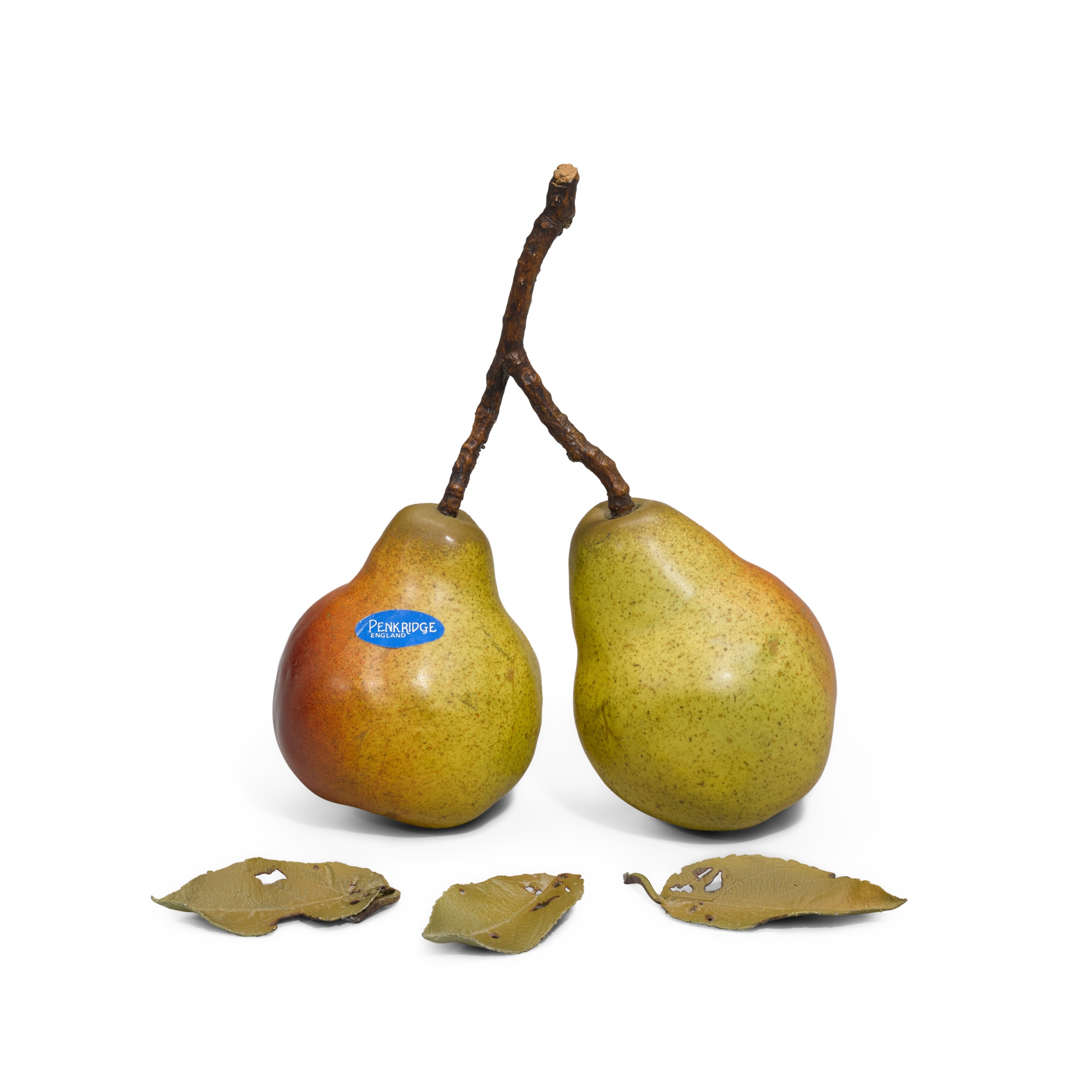 A ceramic and cold-painted metal model of pears on a stem by Penkridge ...