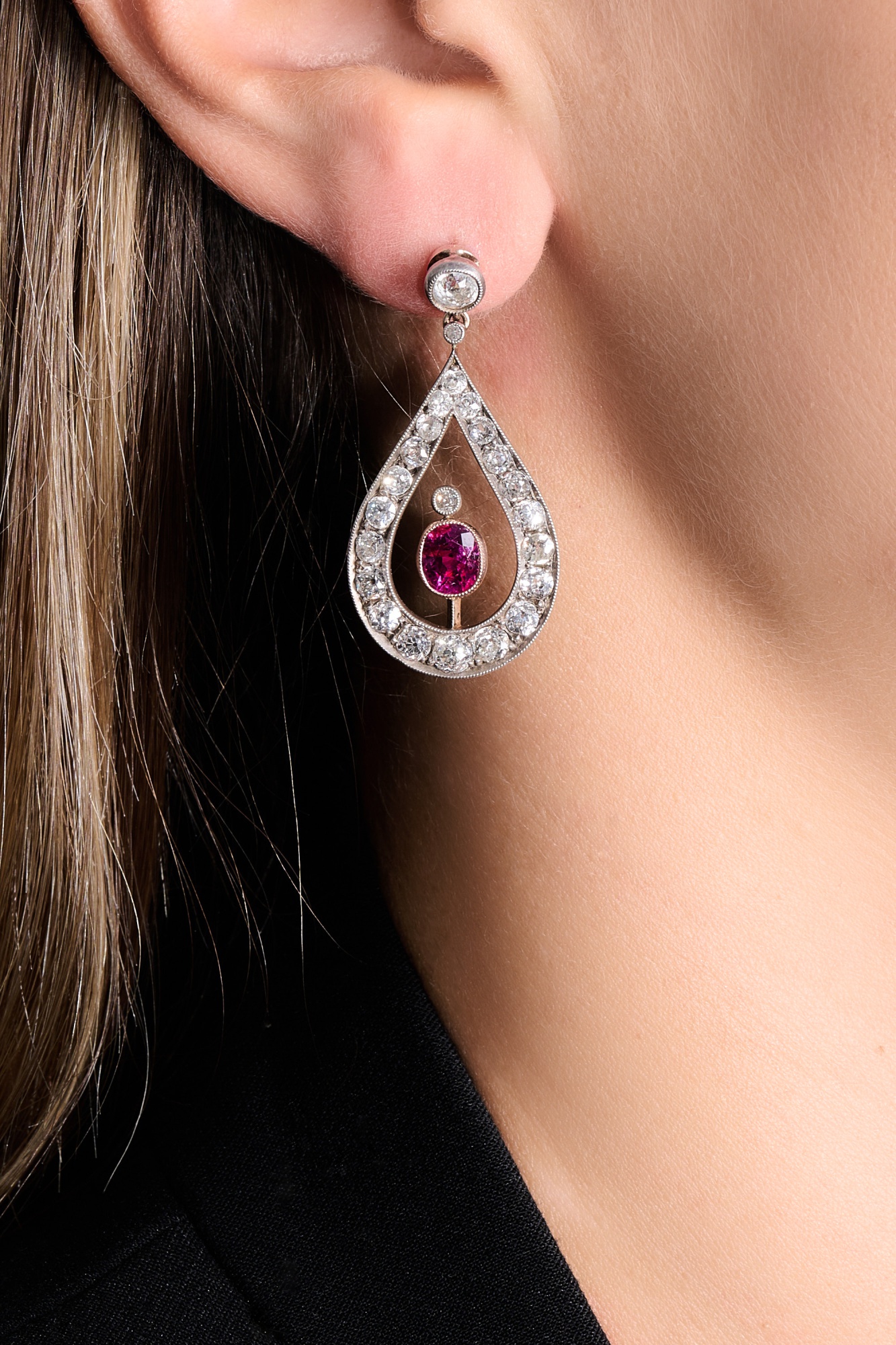 Pair of ruby and diamond pendent earrings, circa 1880 | 紅寶石及鑽石耳墜一對，1880 ...