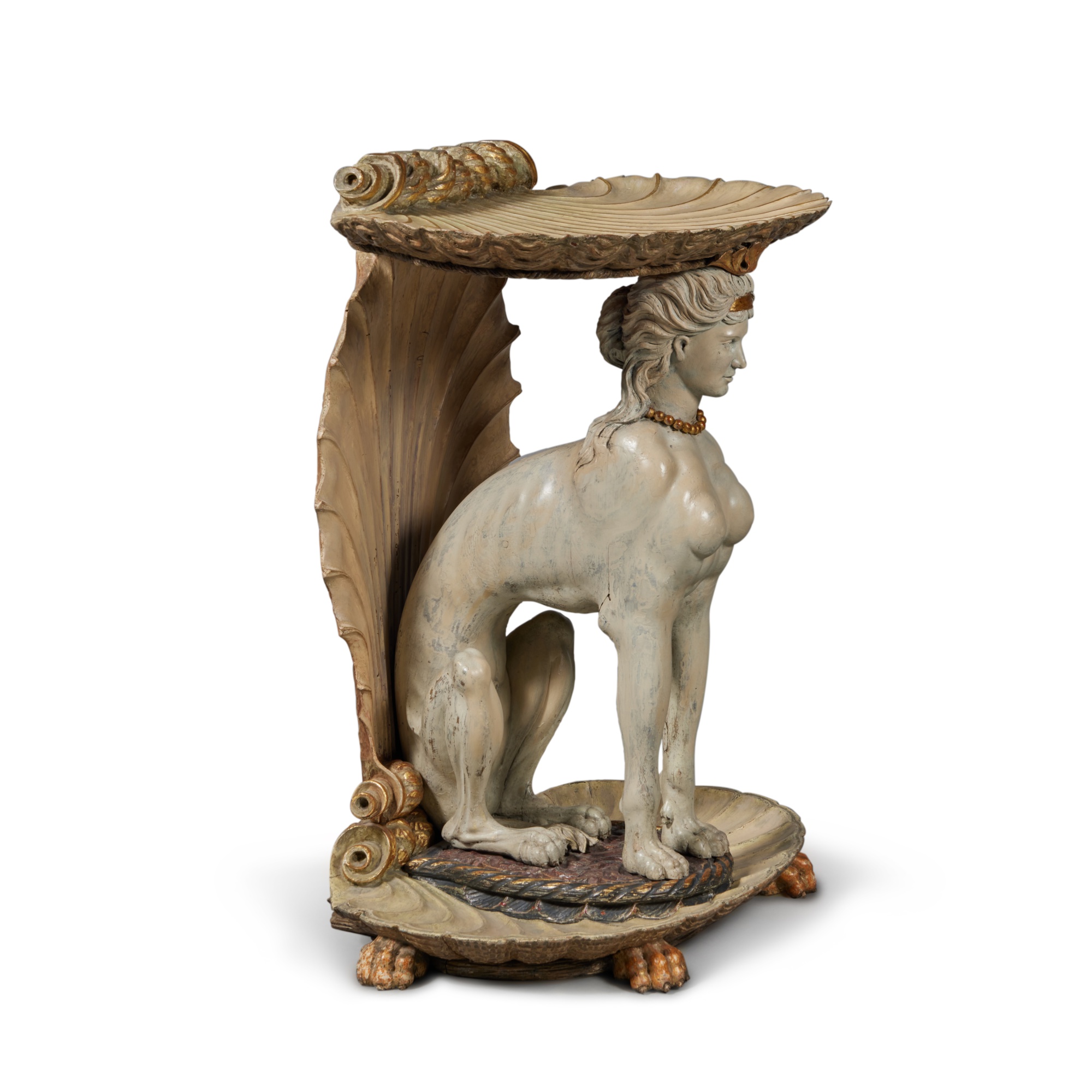 An Italian Neoclassical Parcel-Gilt and Painted Wood Sphinx Console ...