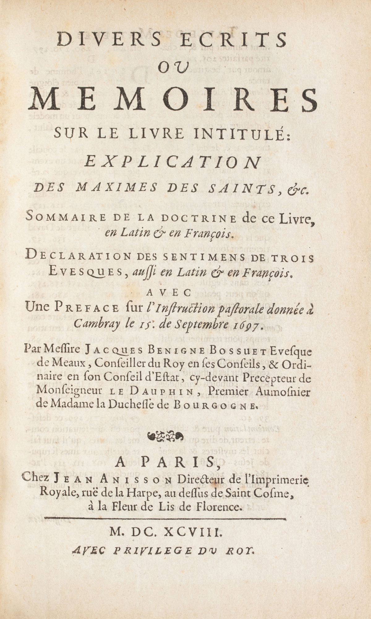 Divers écrits ou Mémoires... Paris, 1698. In-8. Maroquin rouge. Ed ...