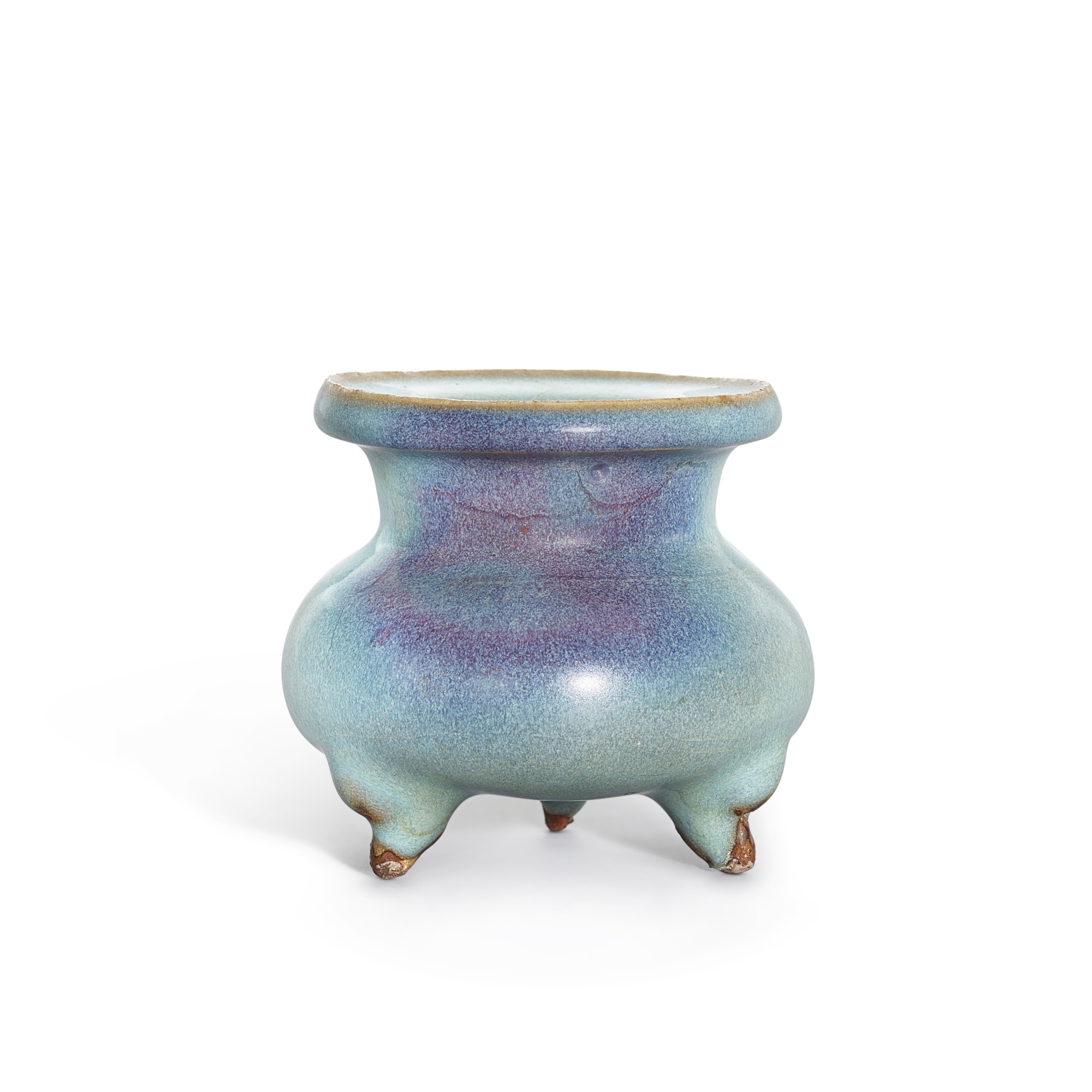 A small Junyao purple-splashed tripod incense burner, Song dynasty | 宋 鈞窰天藍釉紫斑三足爐 | TRANSCENDENT ...
