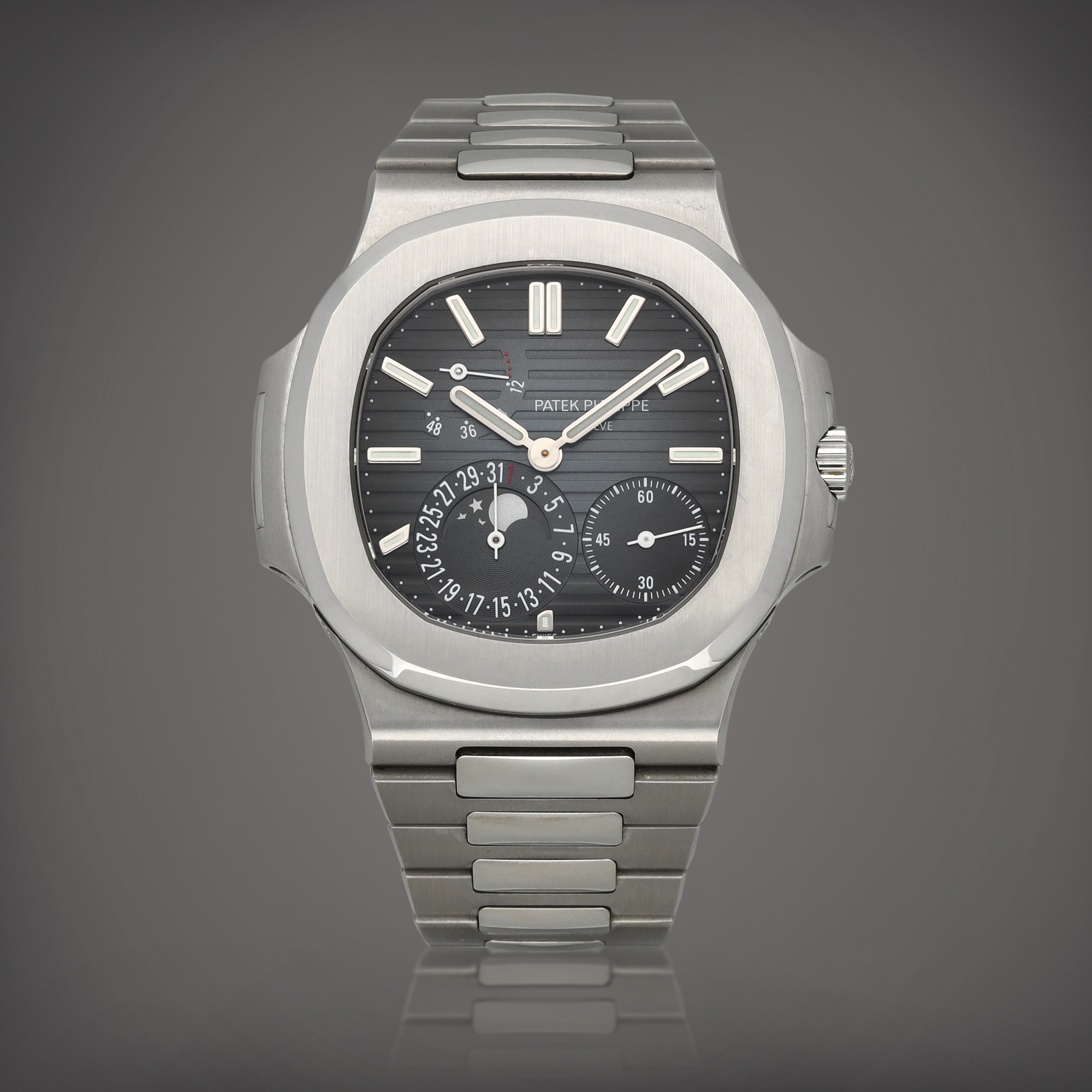 Nautilus, Reference 5712/1A-001 | A stainless steel wristwatch with date, moon phases, power ...