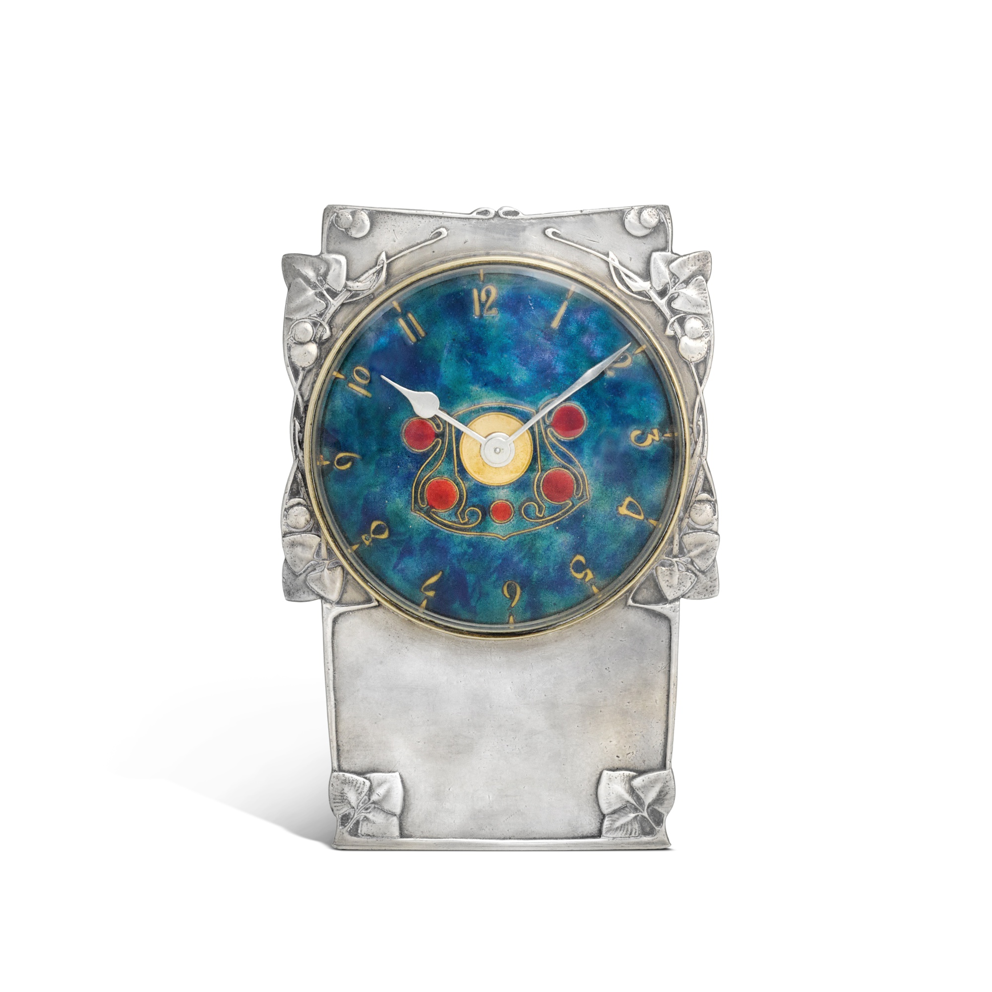 A pewter and enamel mantel timepiece designed by Archibald Knox ...