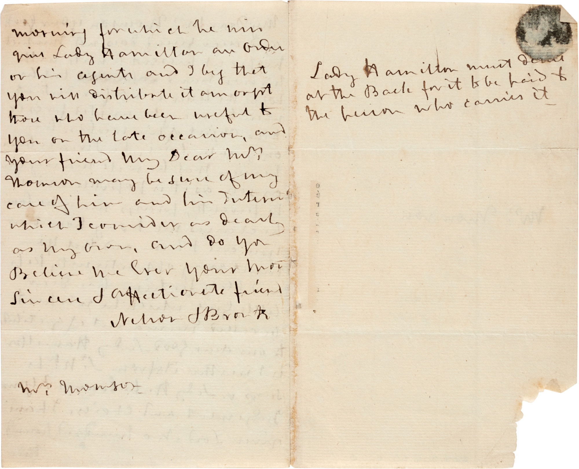 Horatio, Viscount Nelson | Autograph letter signed, to Emma Hamilton ...