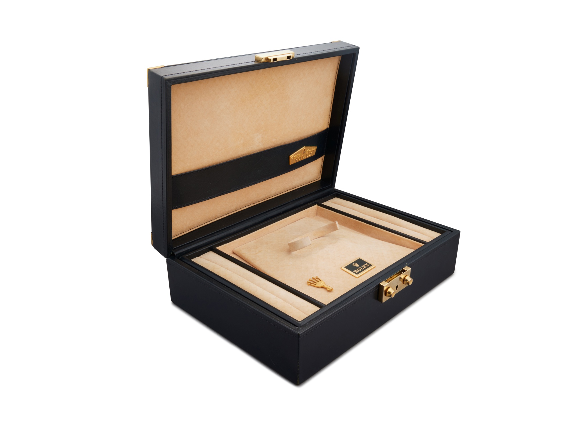 A leather presentation watch box with jewelry storage, Circa 1985 ...