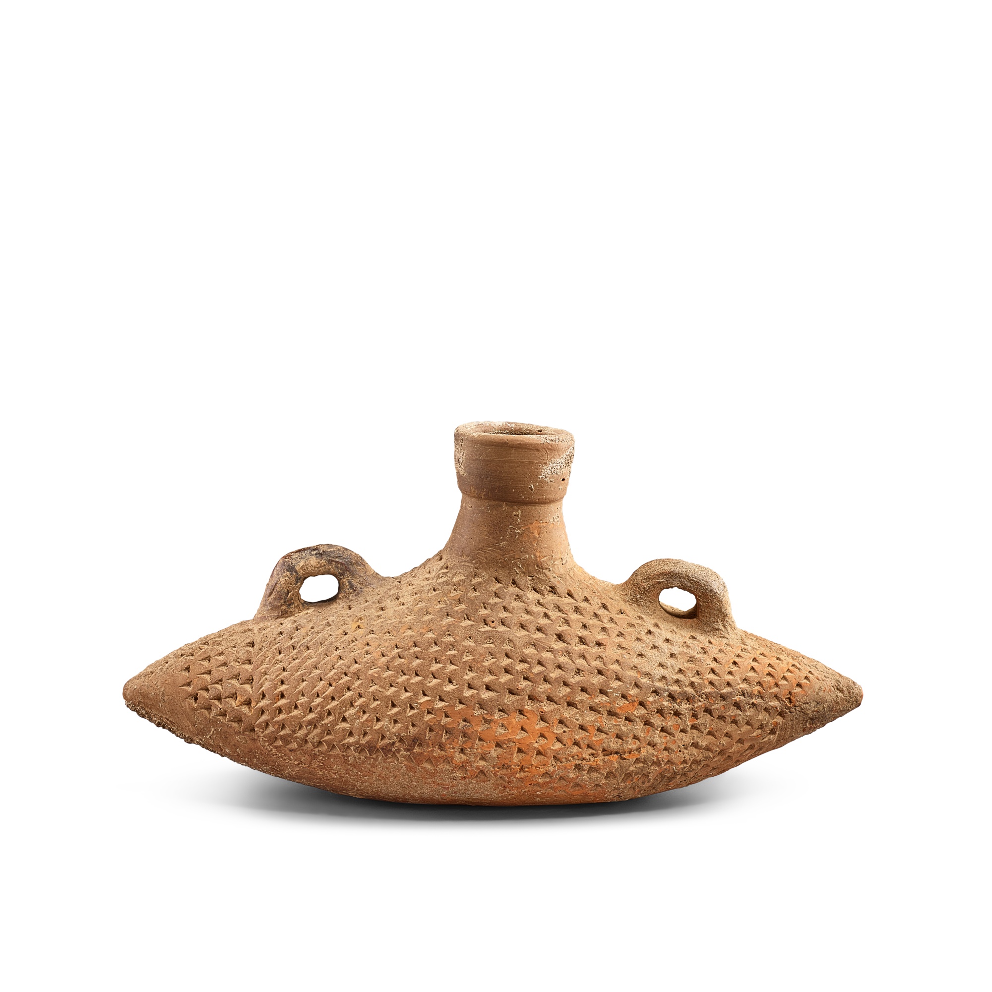 A red pottery plain boat-form flask with pricked designs, Yangshao ...