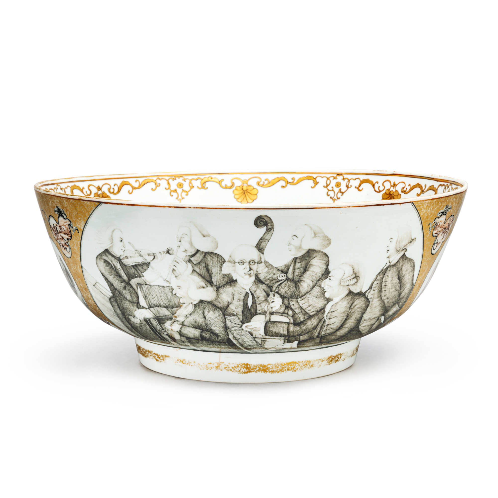A Rare Chinese Export Grisaille and Gilt Decorated 'Concert' Punch Bowl ...