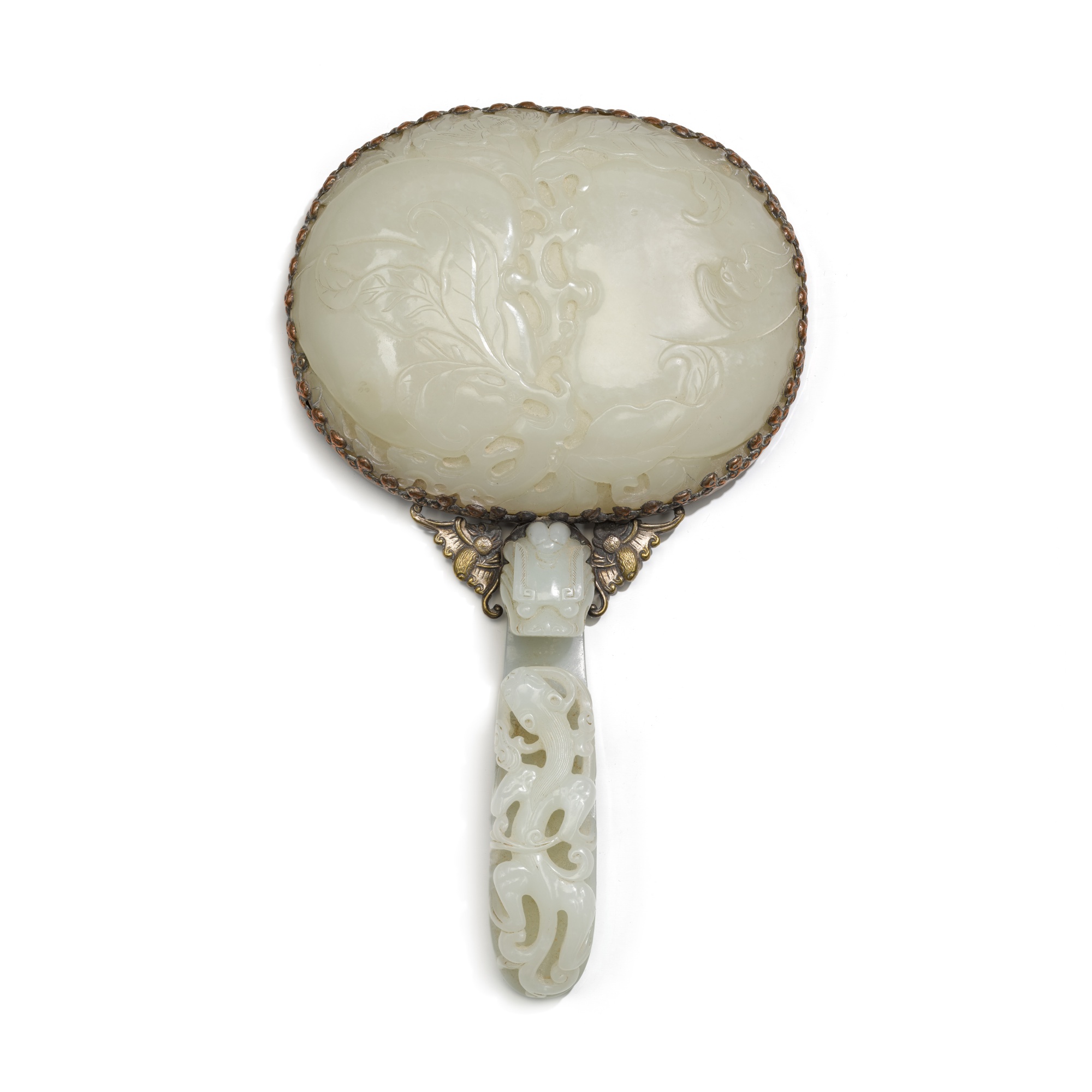 A pale celadon jade-embellished hand mirror, Qing dynasty, 19th century ...