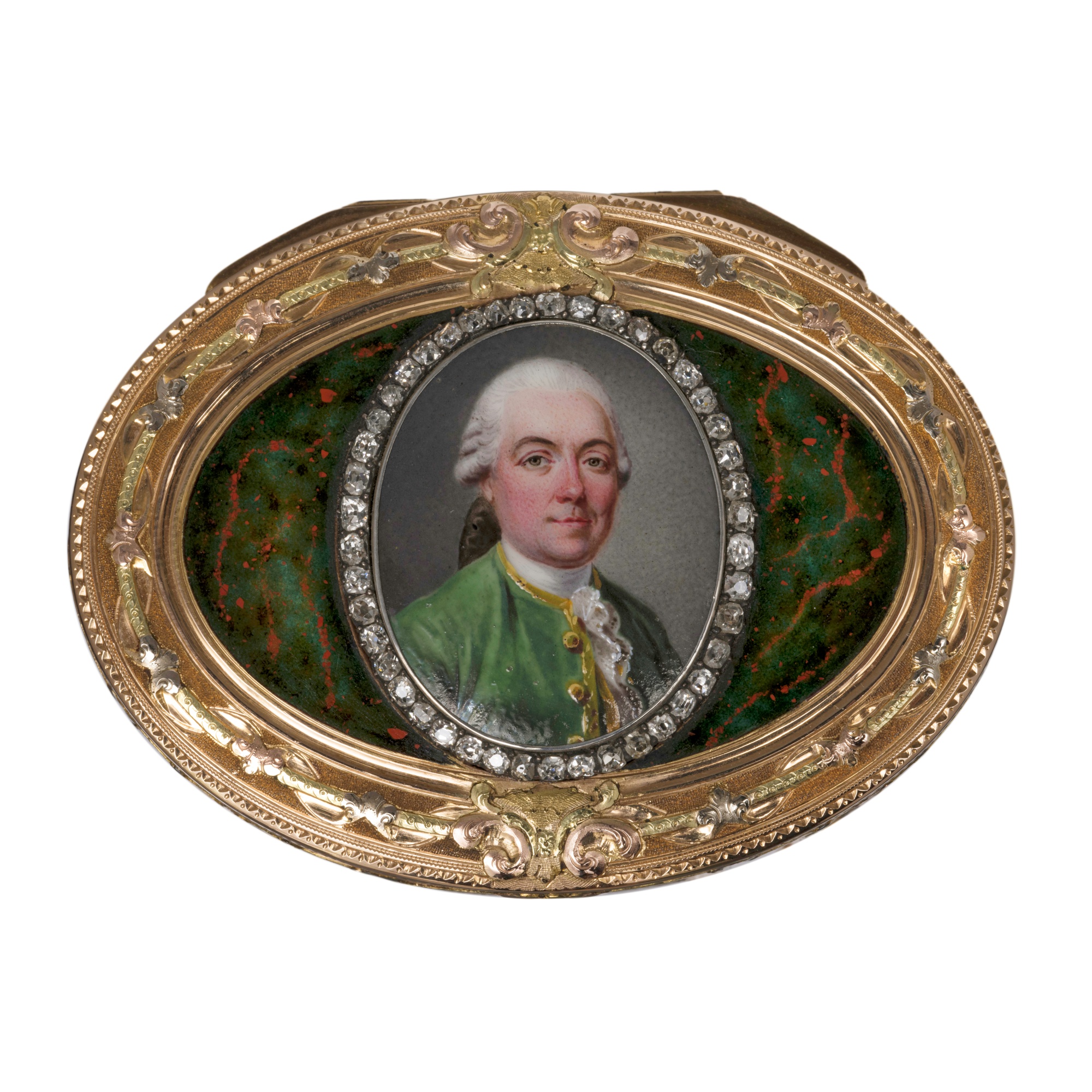 A jewelled three-colour gold and enamel snuff box, probably Geneva ...