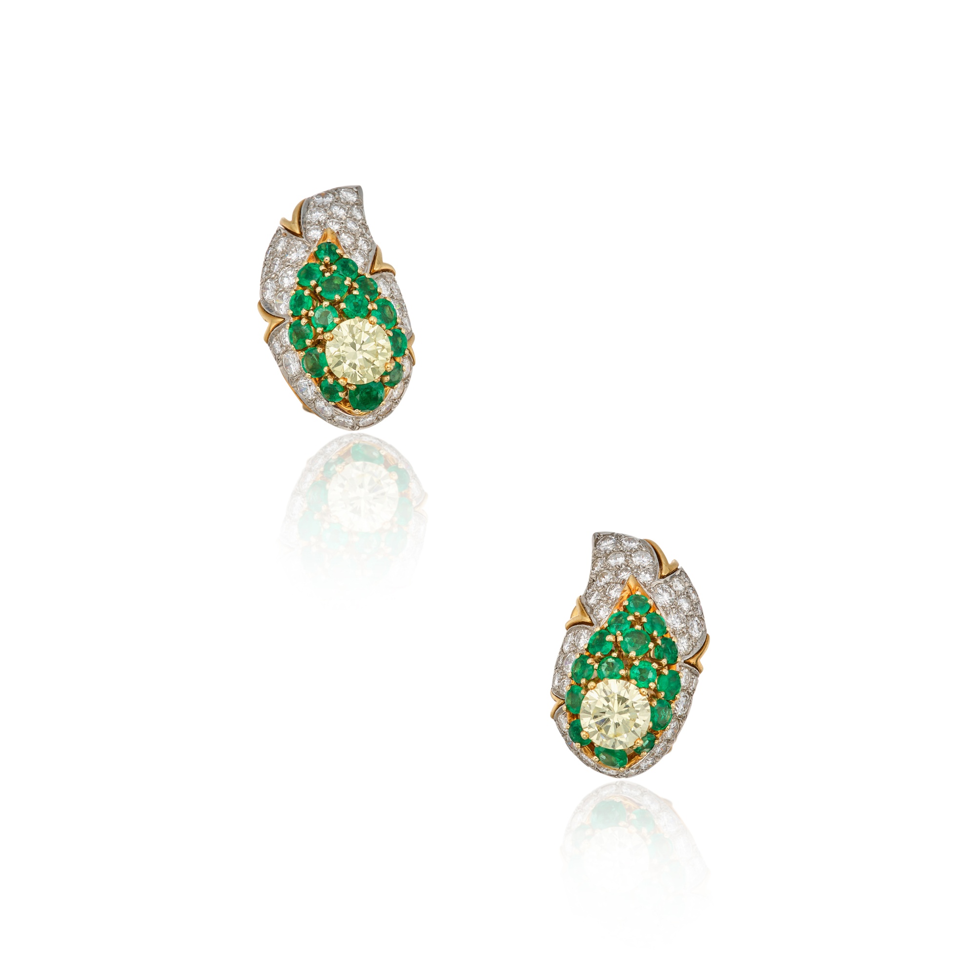 Pair of Colored Diamond, Emerald and Diamond Earclips, France ...