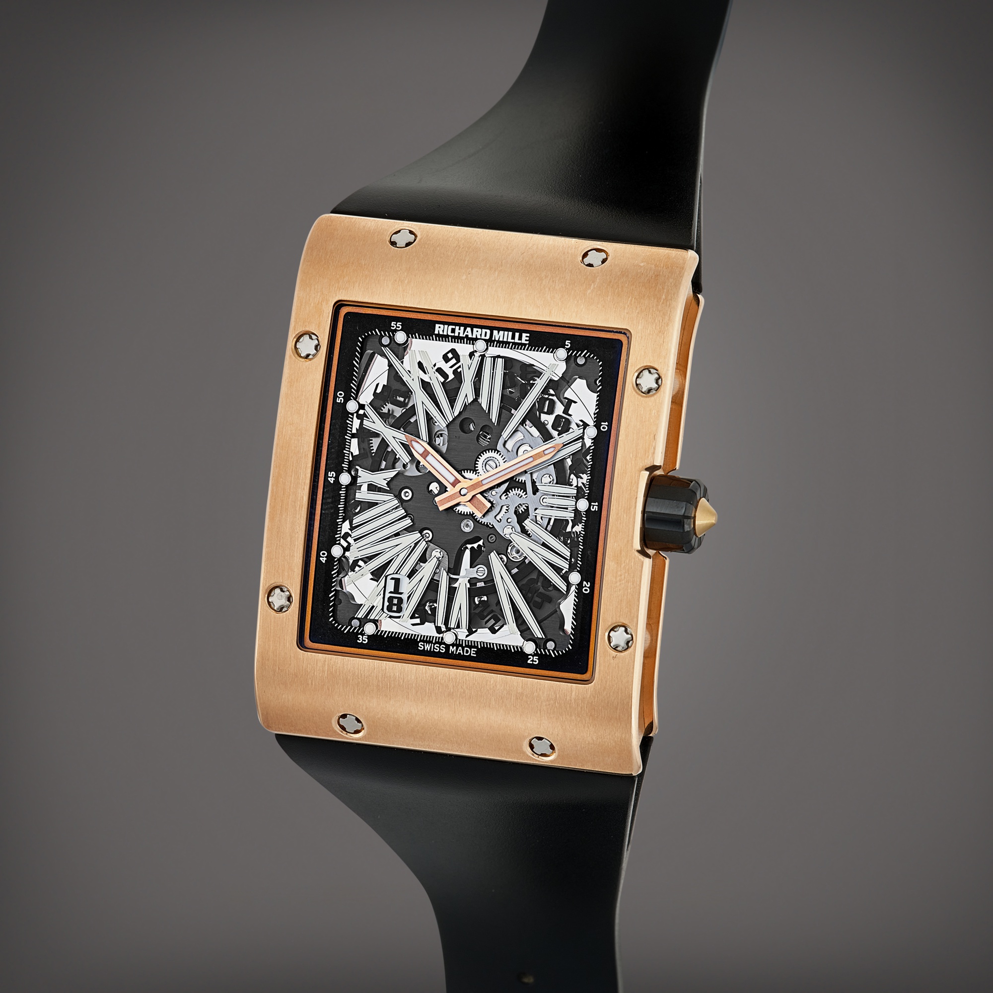 Reference RM016 | A pink gold skeletonised wristwatch with date, Circa ...