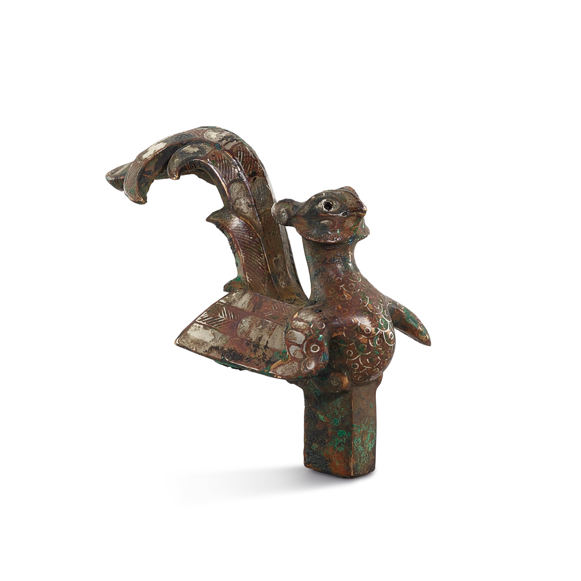 A silver-inlaid bronze 'bird' staff finial, Eastern Zhou dynasty 東周 ...