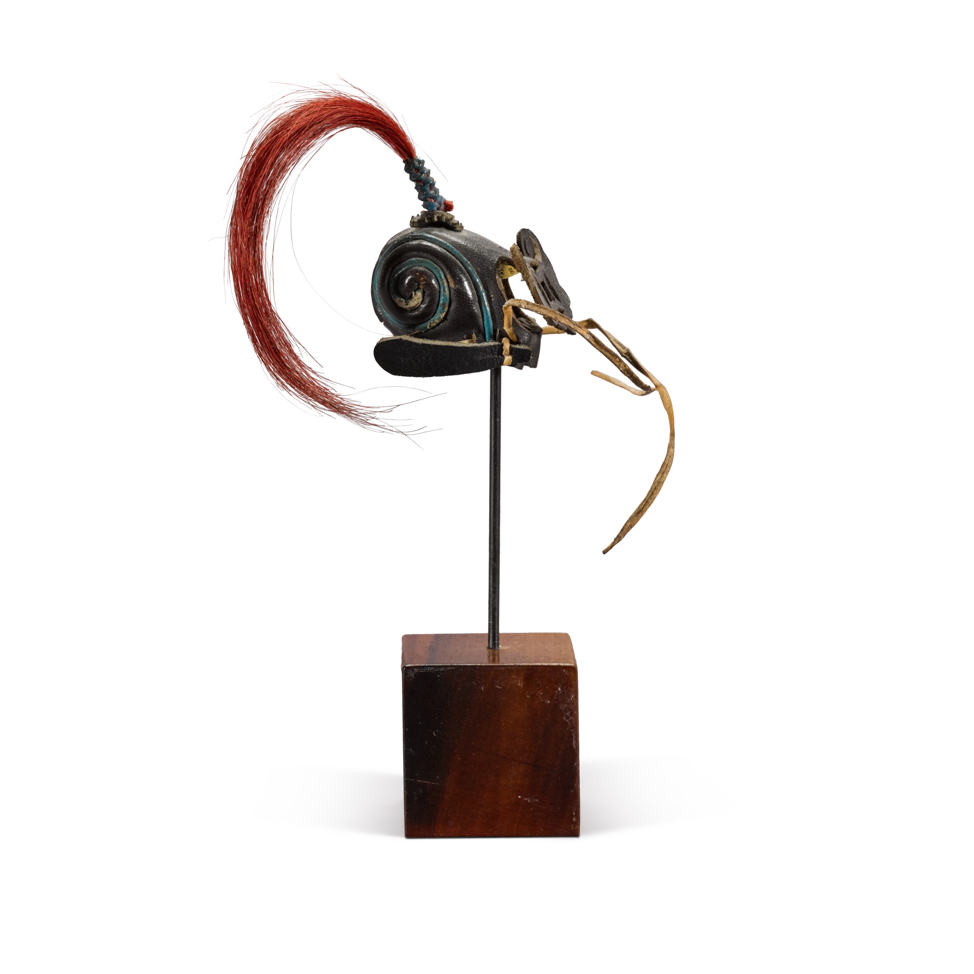 A Chinese sparrow hawk plumed leather falconry hood, late 19th century ...