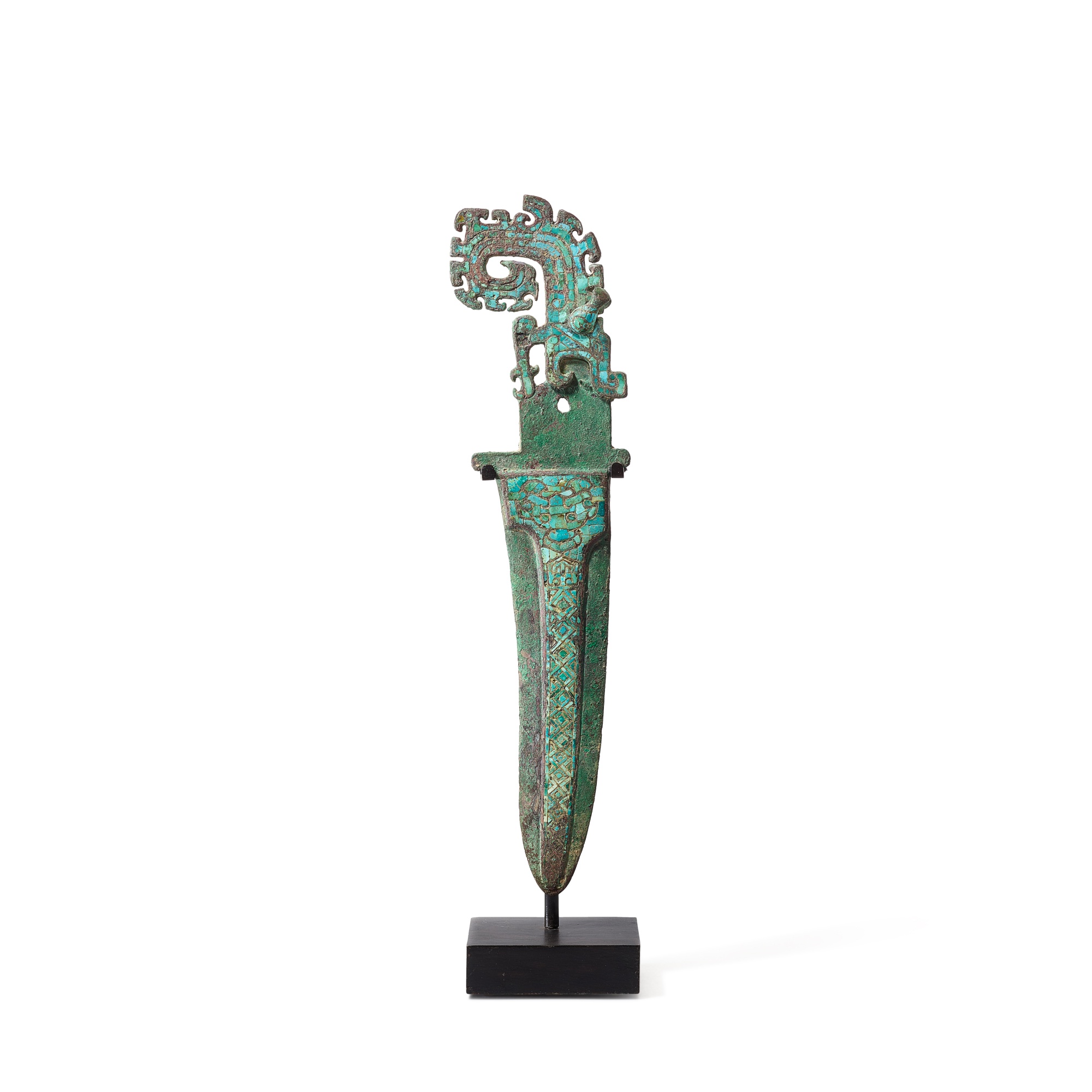 A rare turquoise-inlaid bronze 'dragon' dagger-axe, ge, Late Shang ...