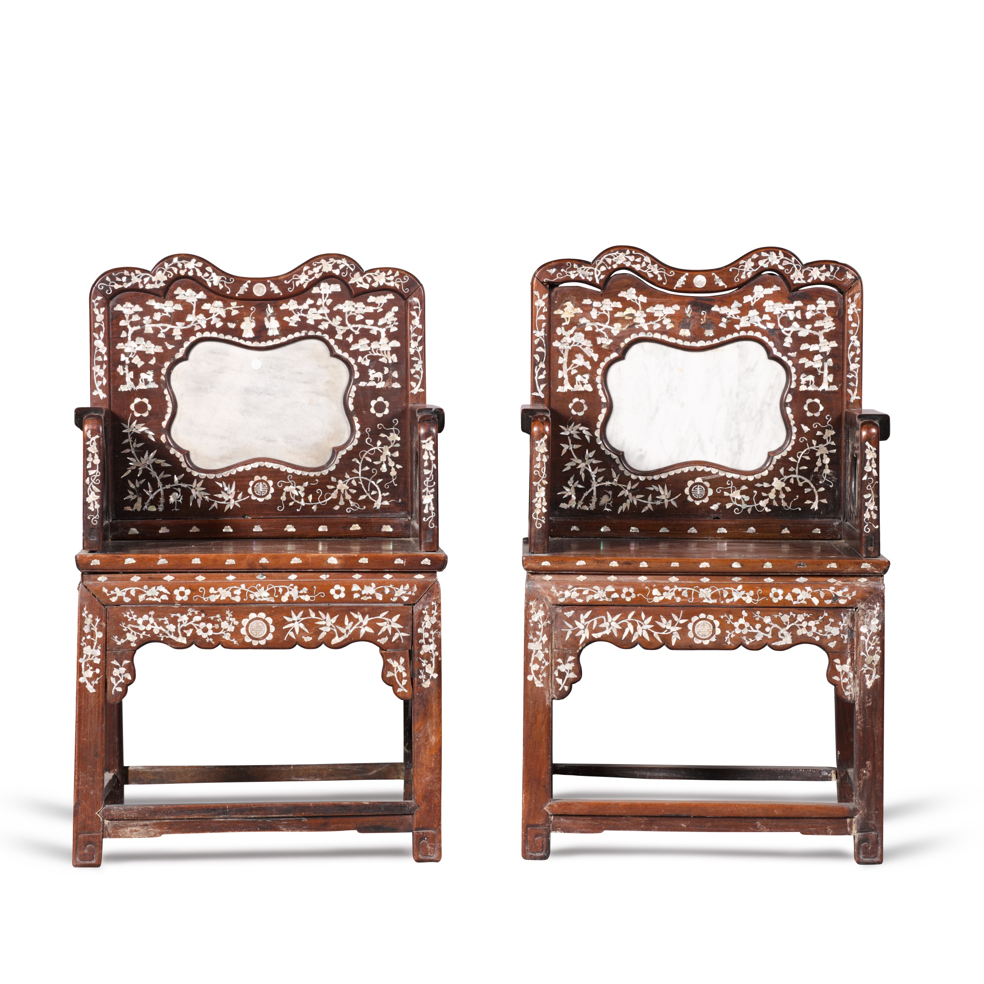 A pair of 'hongmu' mother-of-pearl inlaid and marble-inset chairs, 19th ...