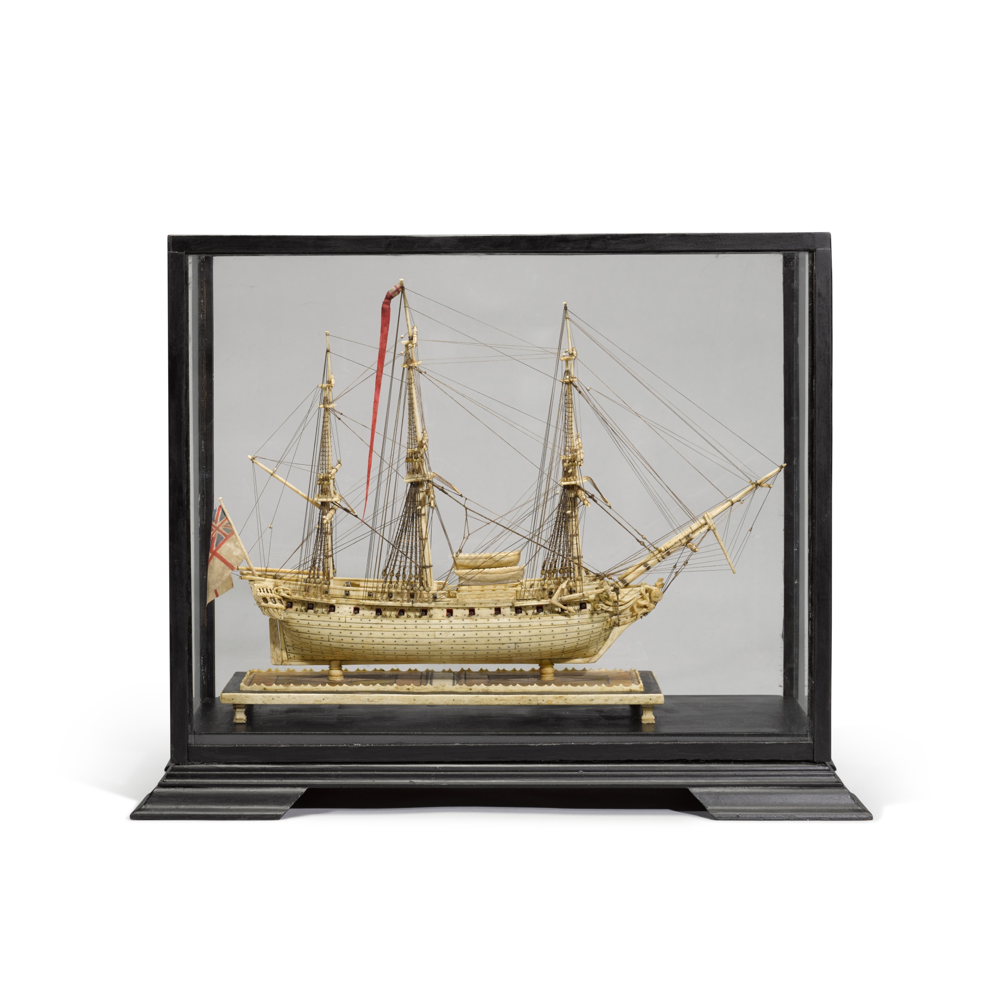 A Napoleonic Prisoner-of-War work carved bone ship model, early 19th ...
