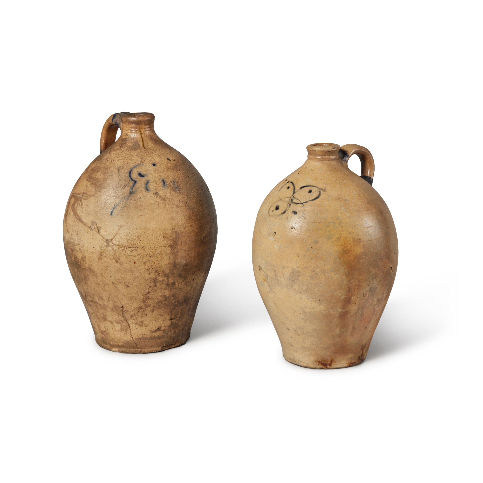 Two Salt-Glazed and Cobalt Blue-Decorated Stoneware Ovoid Jugs ...