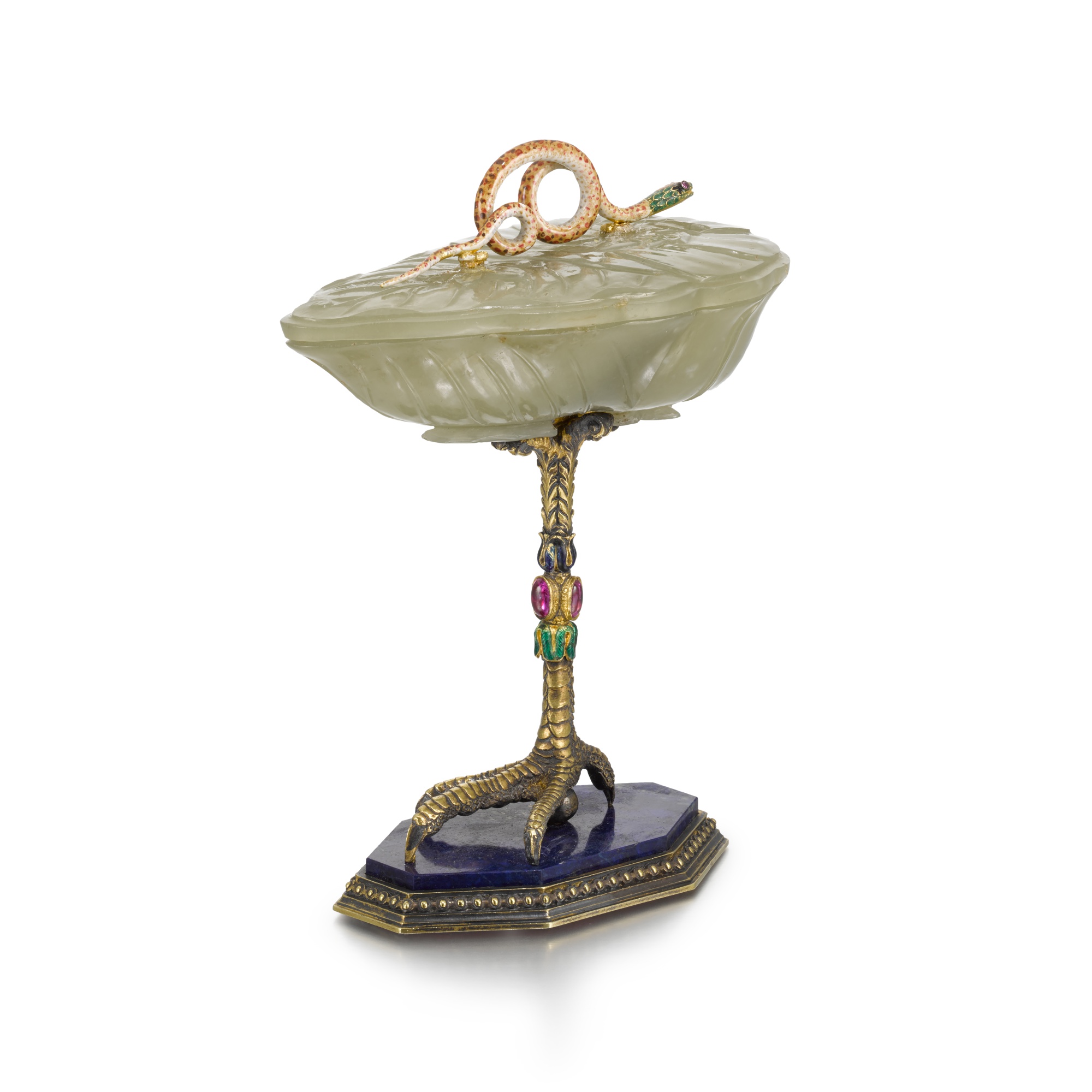 A carved jade bowl with jewelled and enamelled silver-gilt mounts, 19th ...