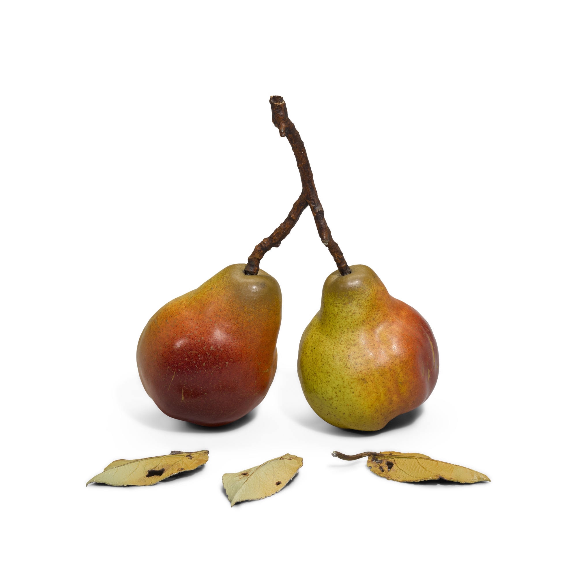 A ceramic and cold-painted metal model of pears on a stem by Penkridge ...