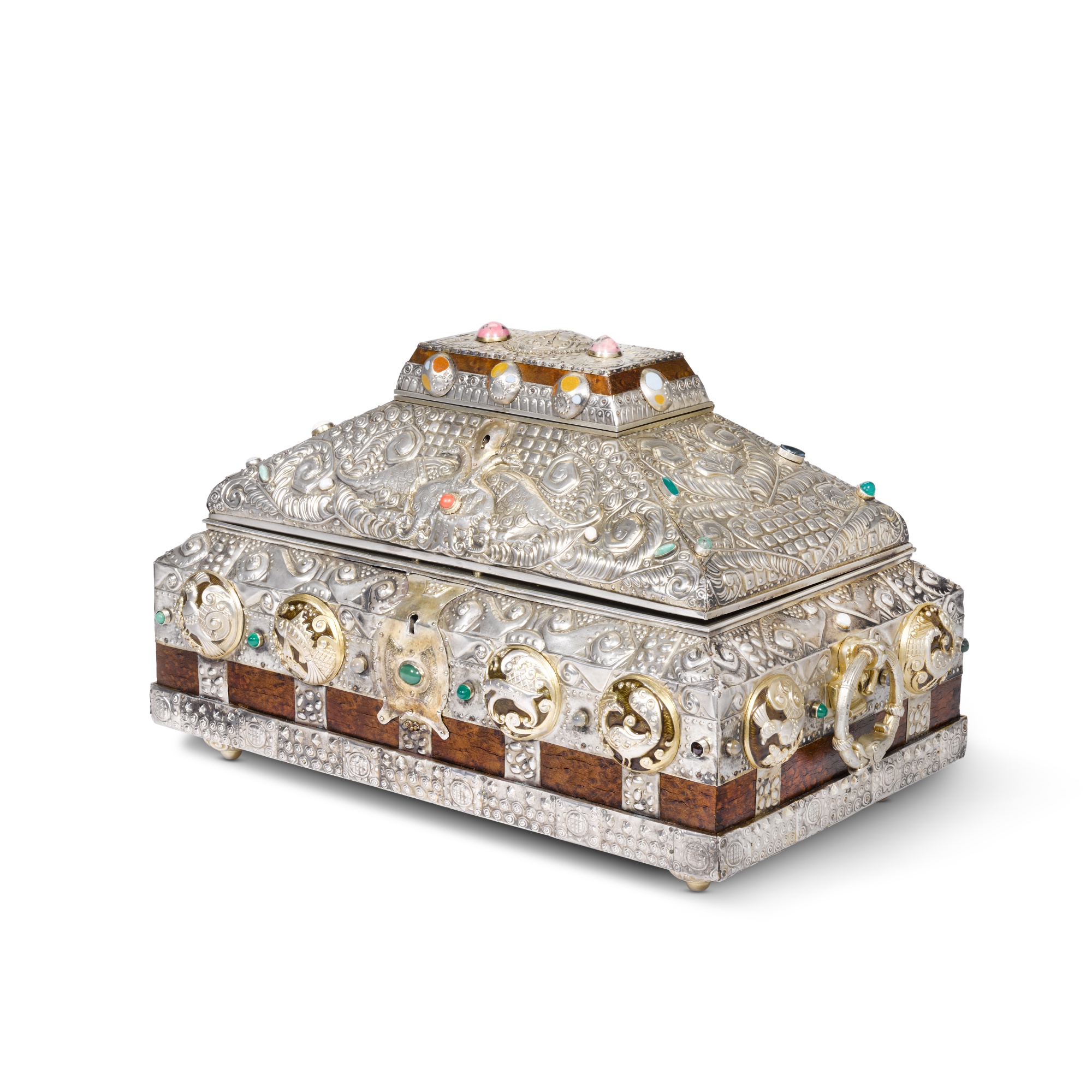 An impressive and large gem-set silver-mounted and enamel bird's-eye ...