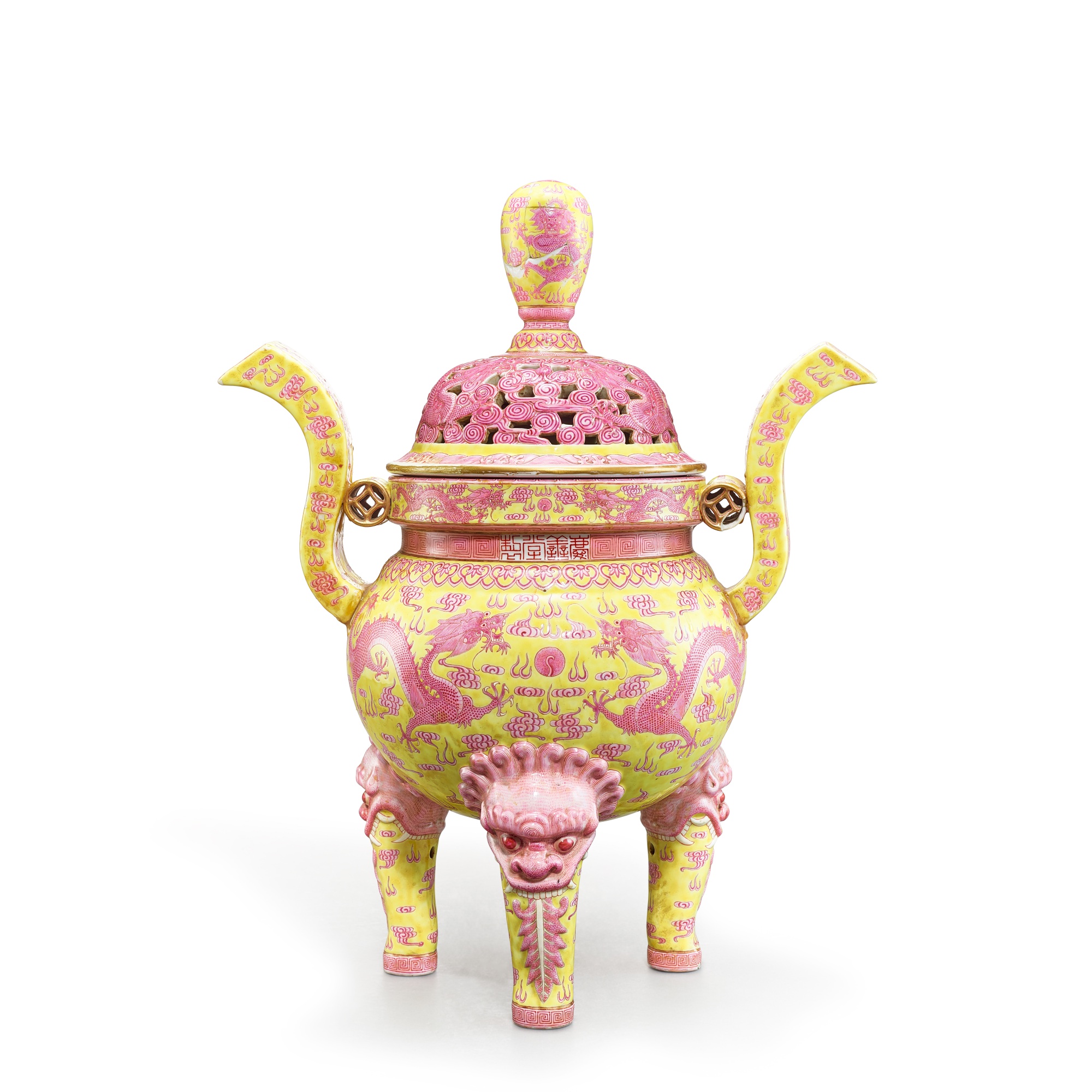 A very rare yellow-ground puce-enamelled tripod incense burner and ...